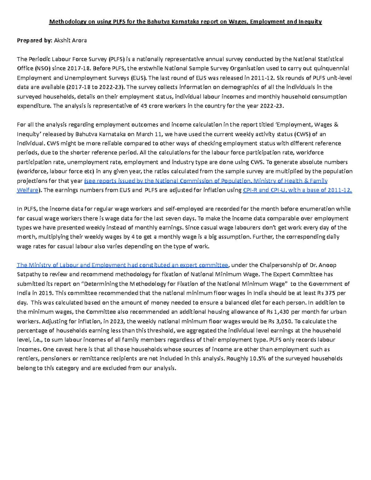 Methodology On Using Plfs Methodology On Using Plfs For The Bahutva Karnataka Report On Wages 
