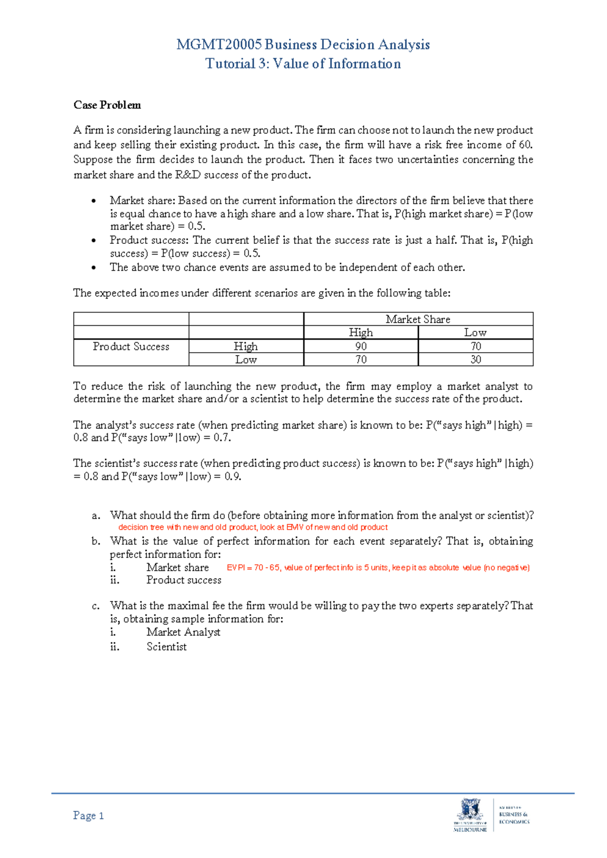 BDA Tutorial 3 - Tut - MGMT20005 Business Decision Analysis Tutorial 3 ...