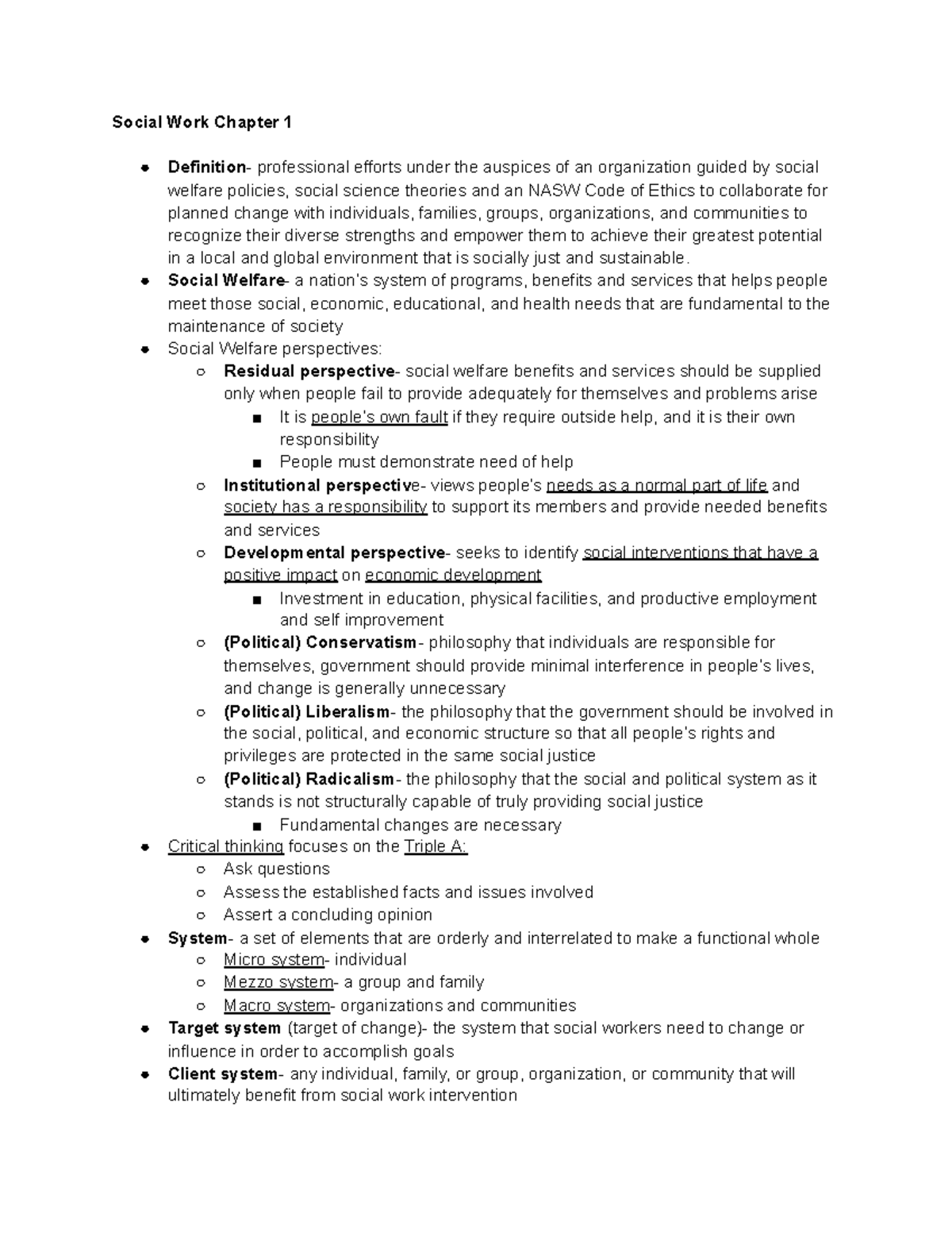 SWK 100 1 - Lecture notes 1 - Social Work Chapter 1 Definition ...
