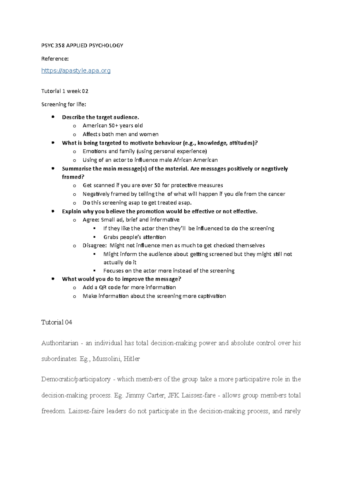 PSYC 358 Tutorial 2 and 4 - PSYC358 - UOW - Studocu