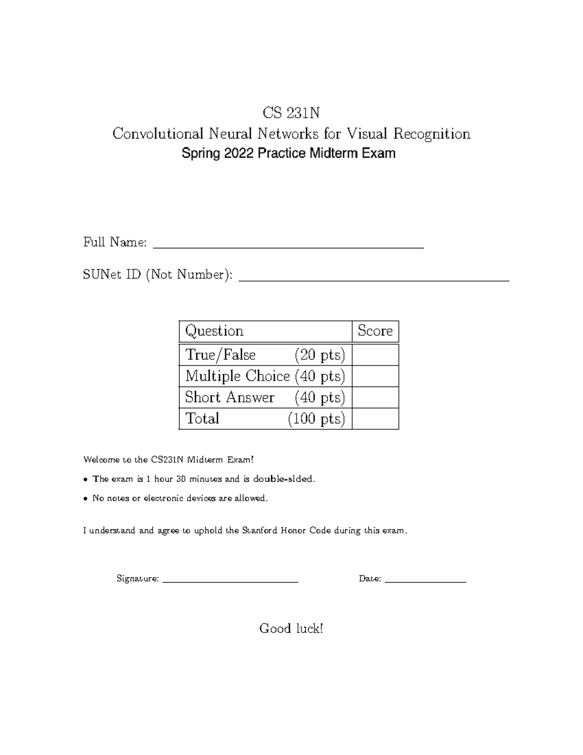 2022 practice midterm - CS 231N Convolutional Neural Networks for Visual Recognition Spring 2021 ...