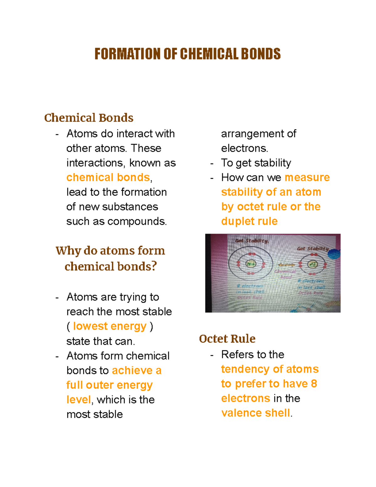 Formation OF Chemical Bonds - FORMATION OF CHEMICAL BONDS Chemical ...
