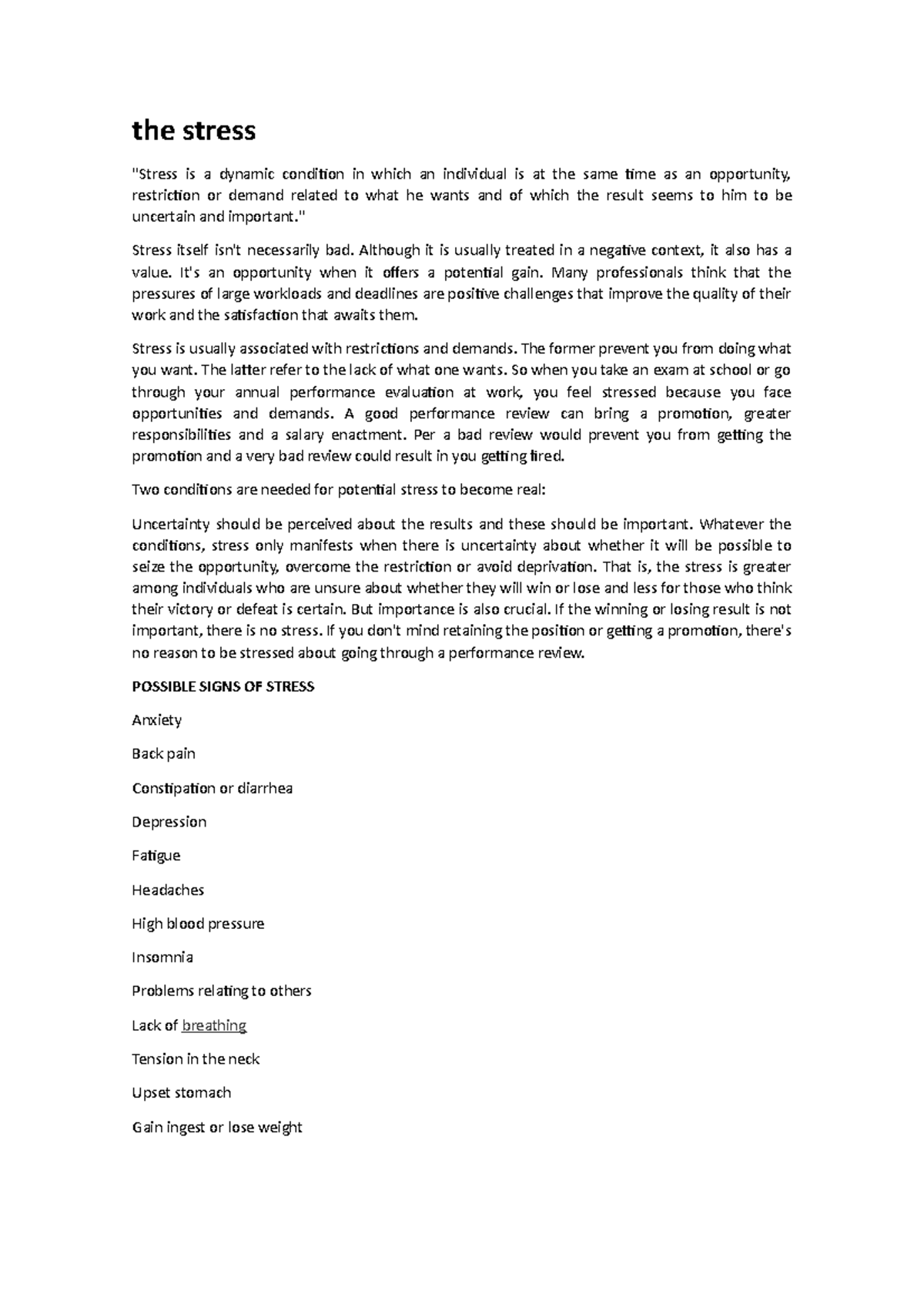 The stress - Lecture notes 10 - the stress "Stress is a dynamic ...