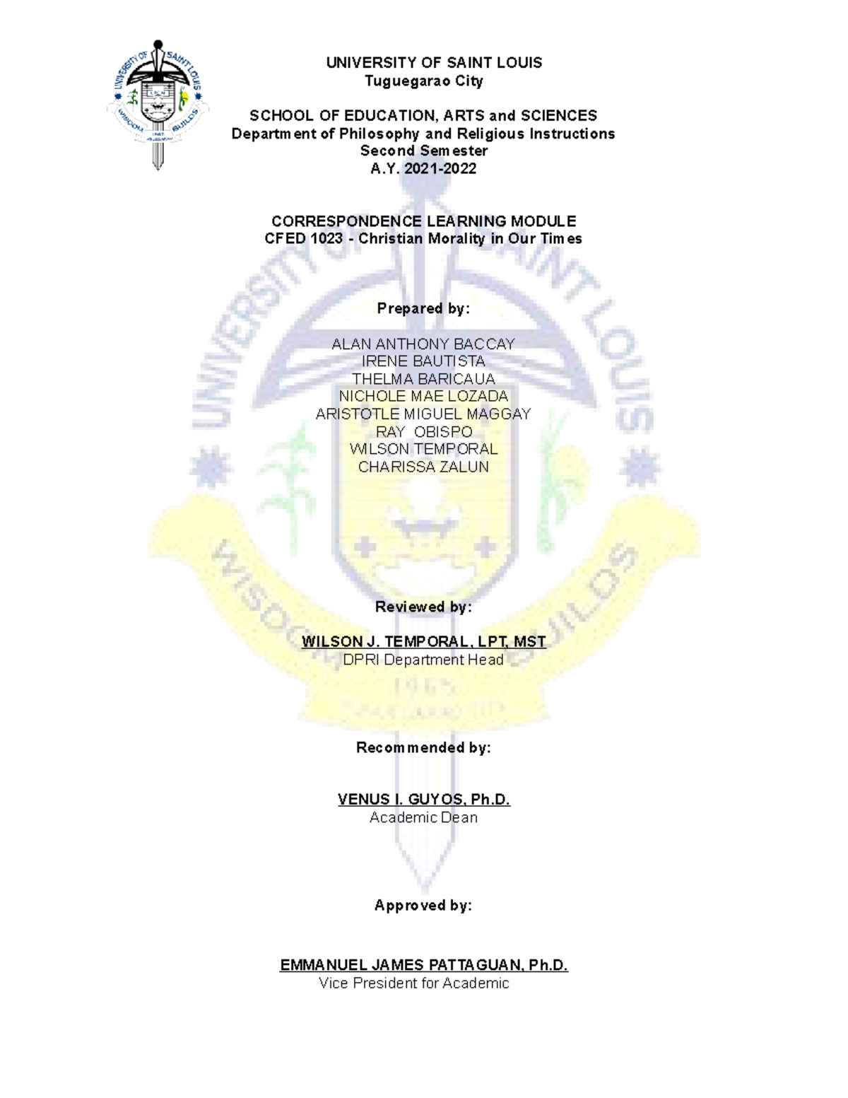 CFED 1023 Module WEEK 17 - UNIVERSITY OF SAINT LOUIS Tuguegarao City ...