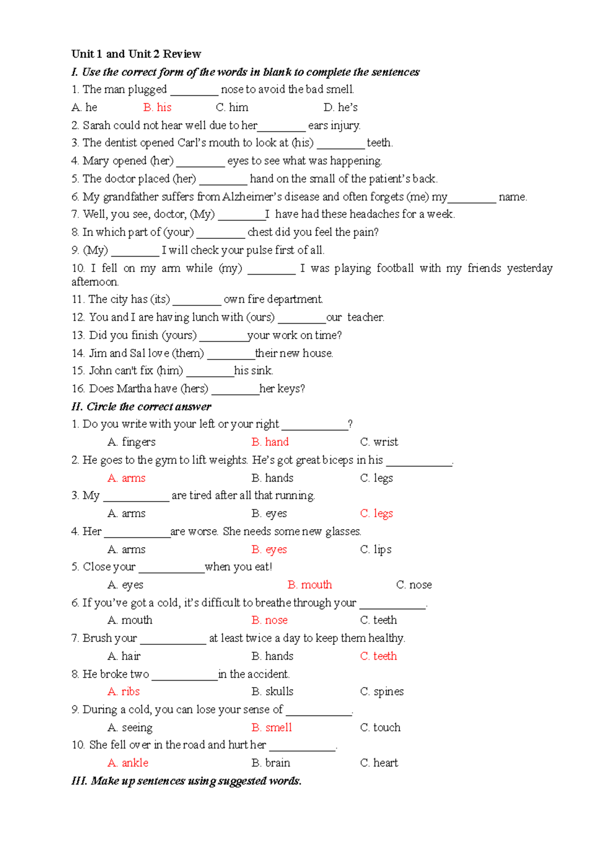 Bai-on-tap-NP-TV-U1-U2 - Unit 1 and Unit 2 Review I. Use the correct form of the words in blank ...