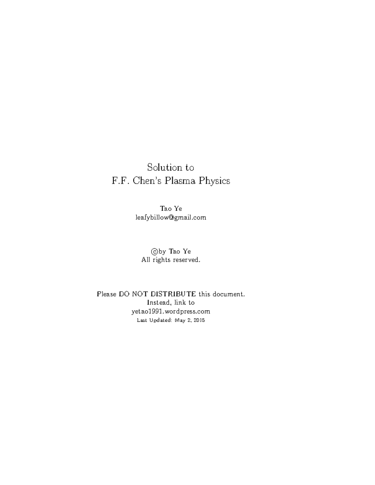 Solution to Francis F Chens Plasma Physi - Solution to F. Chen’s Plasma Physics Tao Ye - Studocu