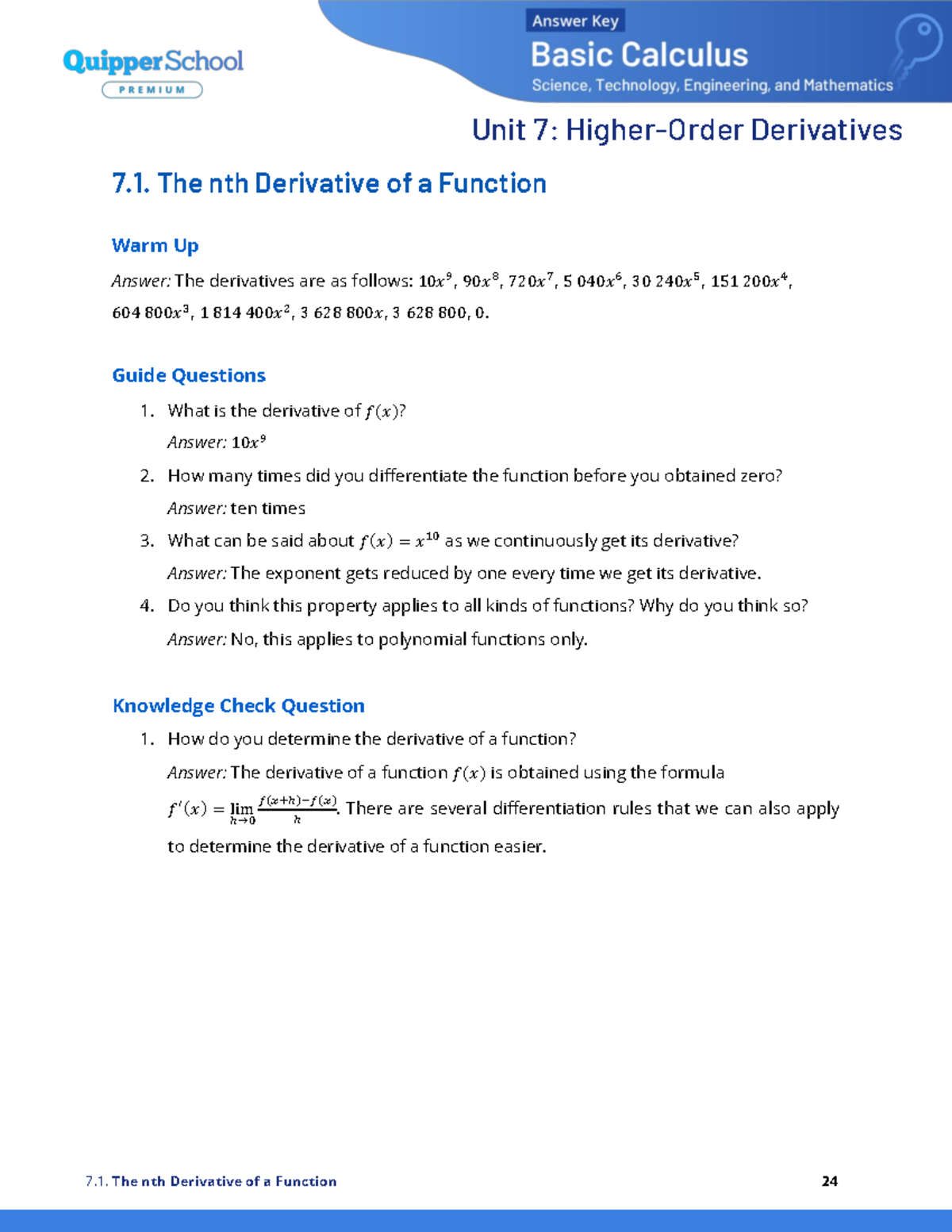 Calculus SY2023 - 7 .1. The nth Derivative of a Function Warm Up Answer ...