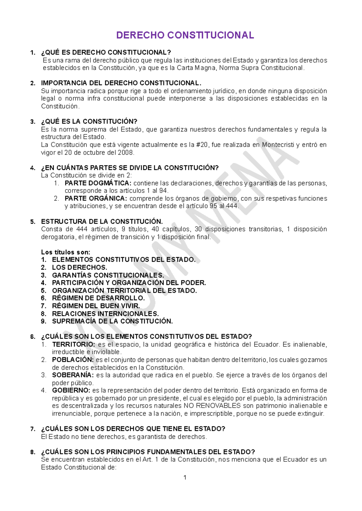 Cuestionario D Constitucional Xihomy - DERECHO CONSTITUCIONAL 1. ¿QUÉ ...