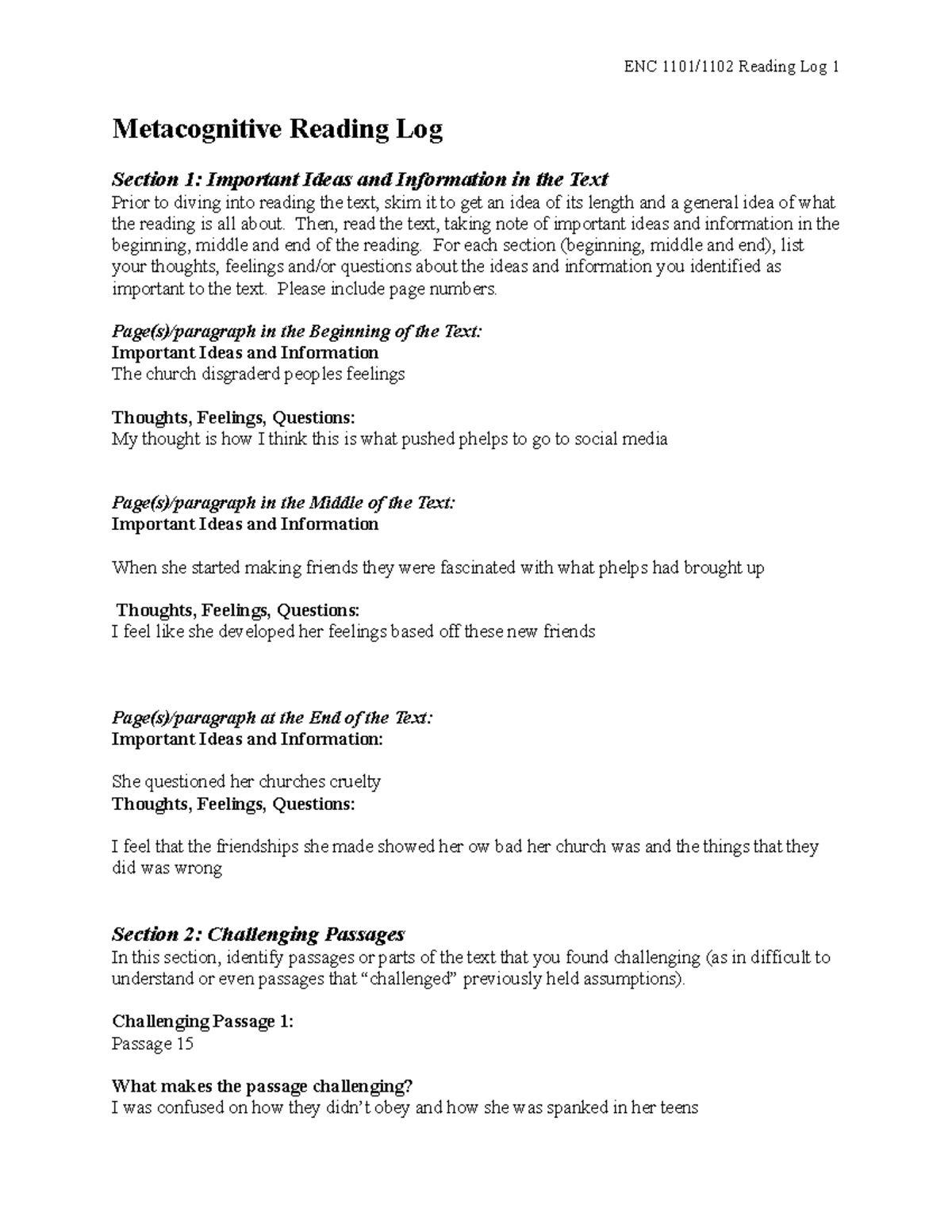 Reading Log 2022 - ENC 1101/1102 Reading Log 1 Metacognitive Reading ...