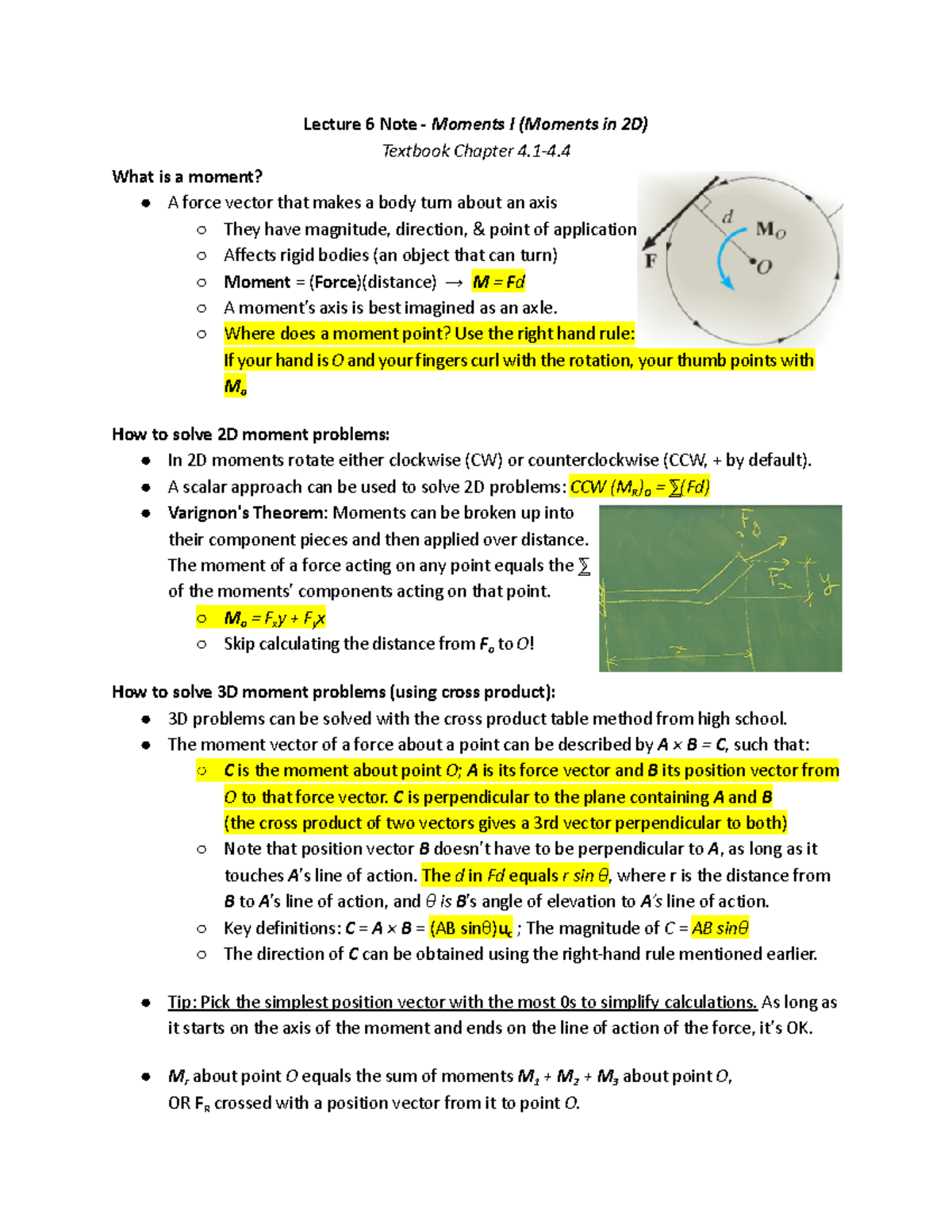Statics 1045 Lecture 6 notes - Lecture 6 Note - Moments I (Moments in ...