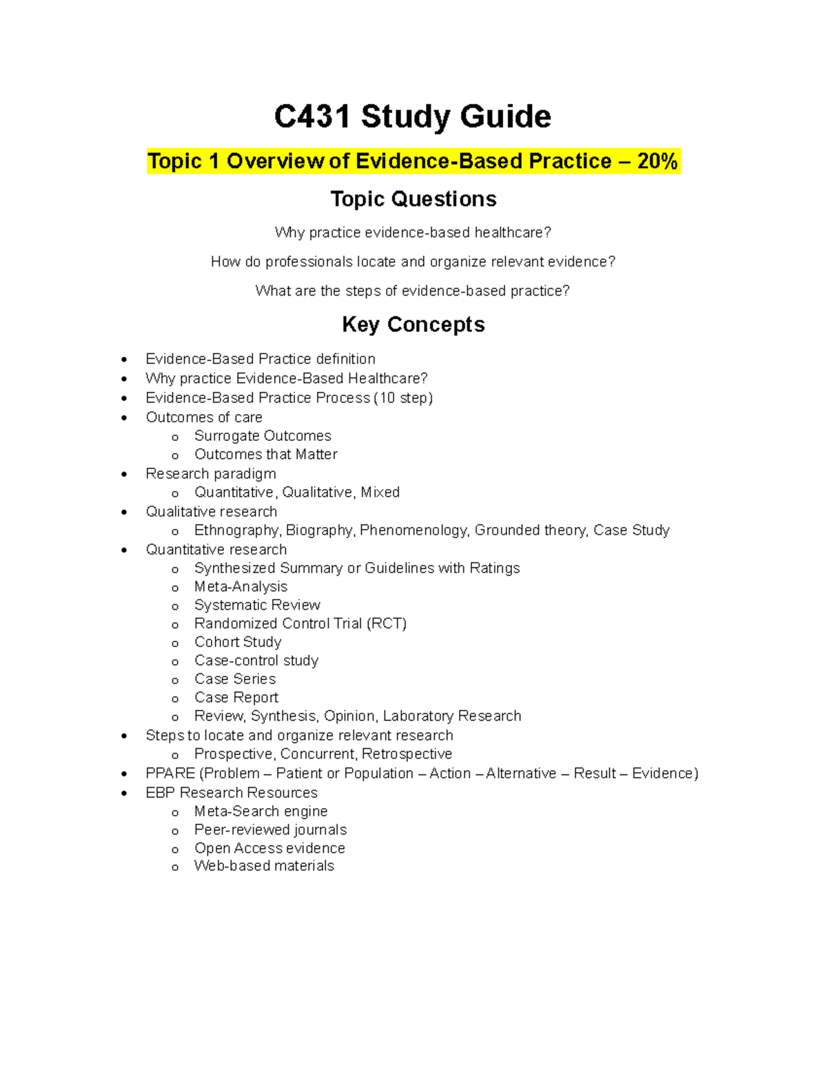 C431 Study Guide - C431 Study Guide Topic 1 Overview of Evidence-Based ...