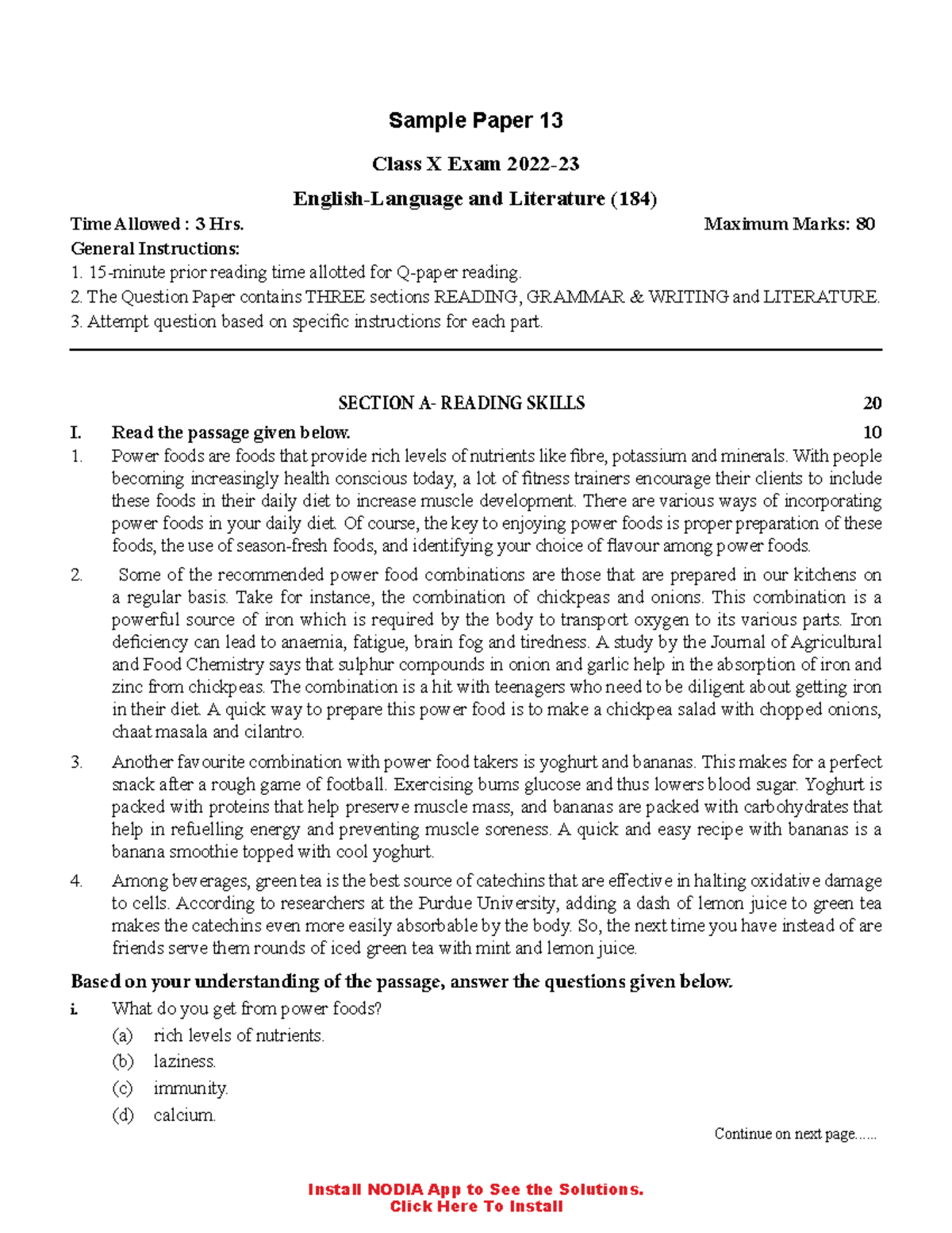 EN Sample Paper 13 Unsolved - CBSE English X Sample Paper 13 Page 1 Install NODIA App to See the ...