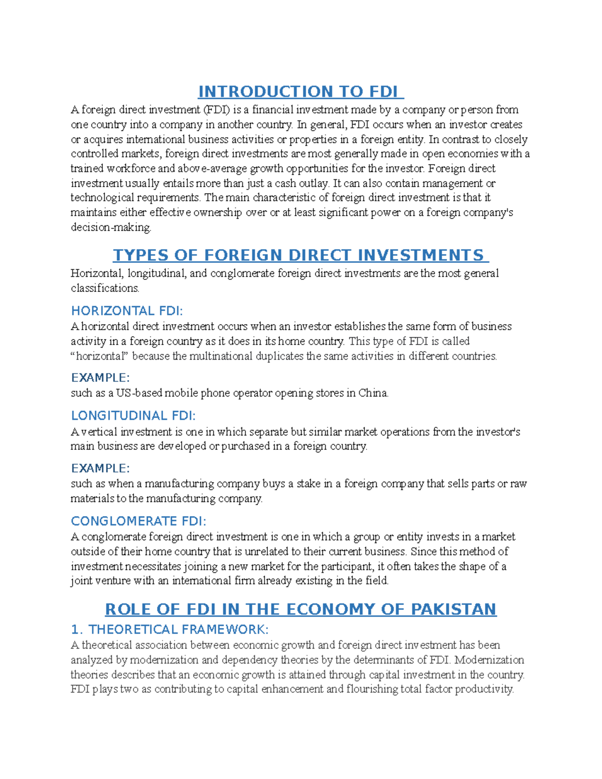 Anas fdi report marketing - INTRODUCTION TO FDI A foreign direct ...