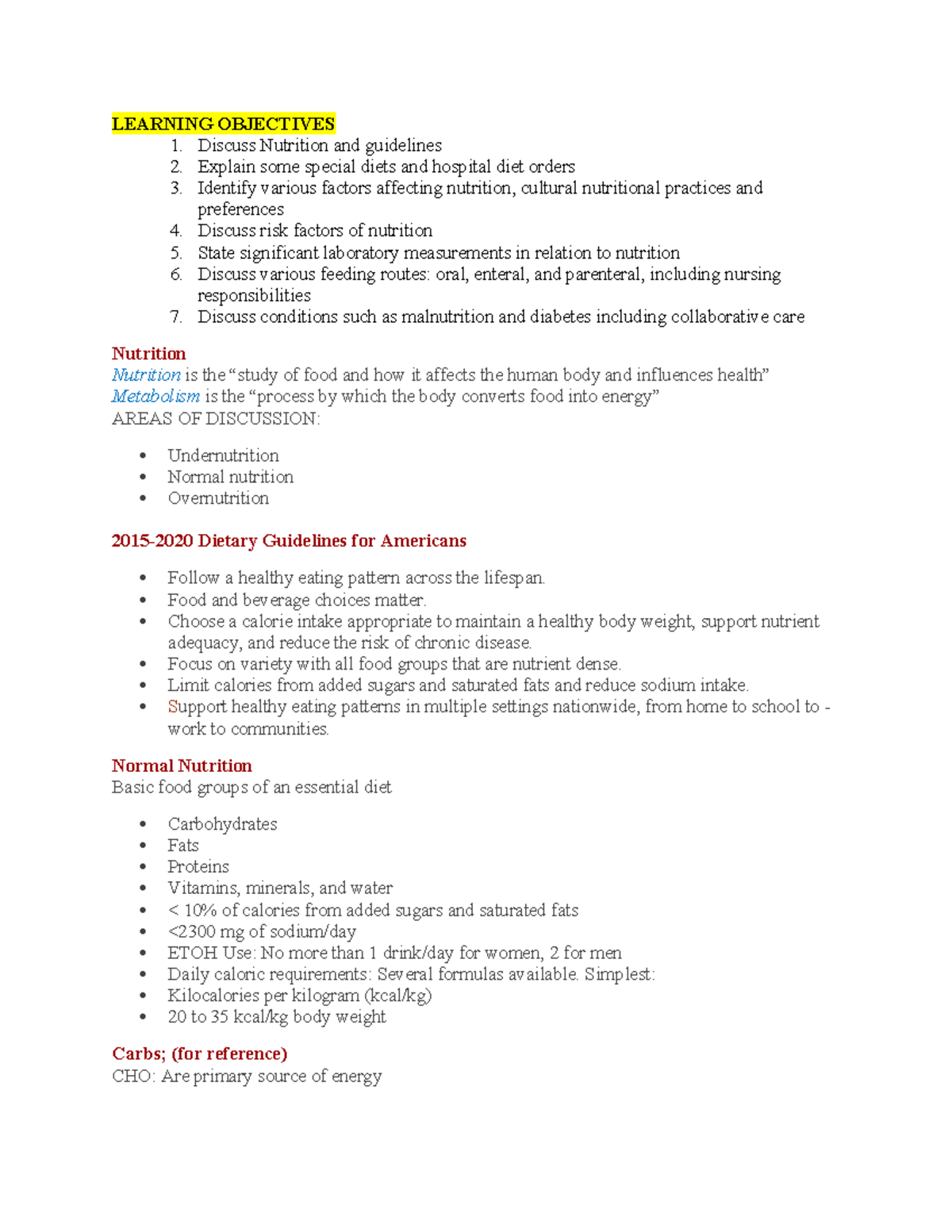 Nutrition Outline N50 - LEARNING OBJECTIVES 1. Discuss Nutrition and ...
