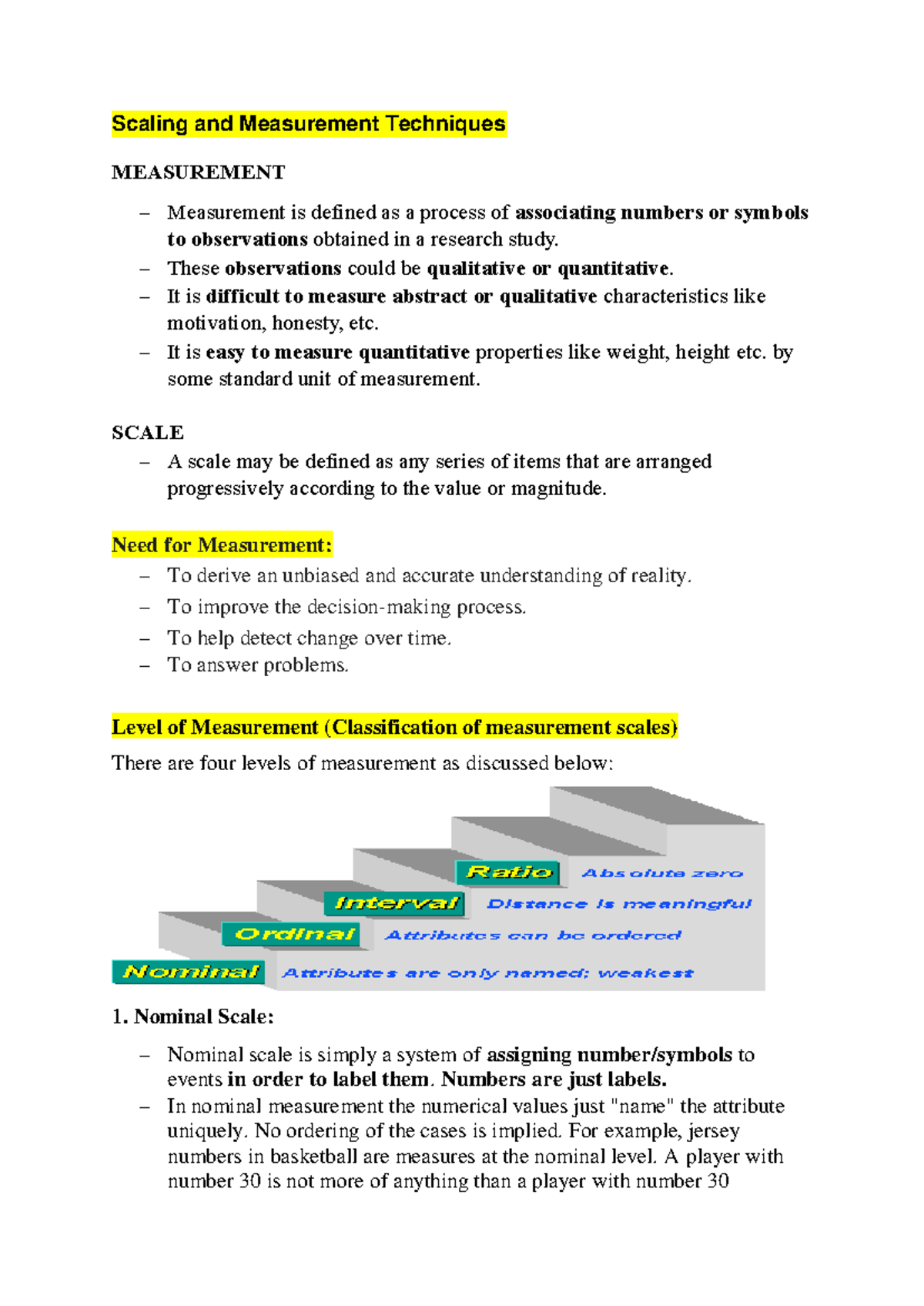 BRM Unit 3 - this is it - Scaling and Measurement Techniques MEASUREMENT Measurement is defined ...