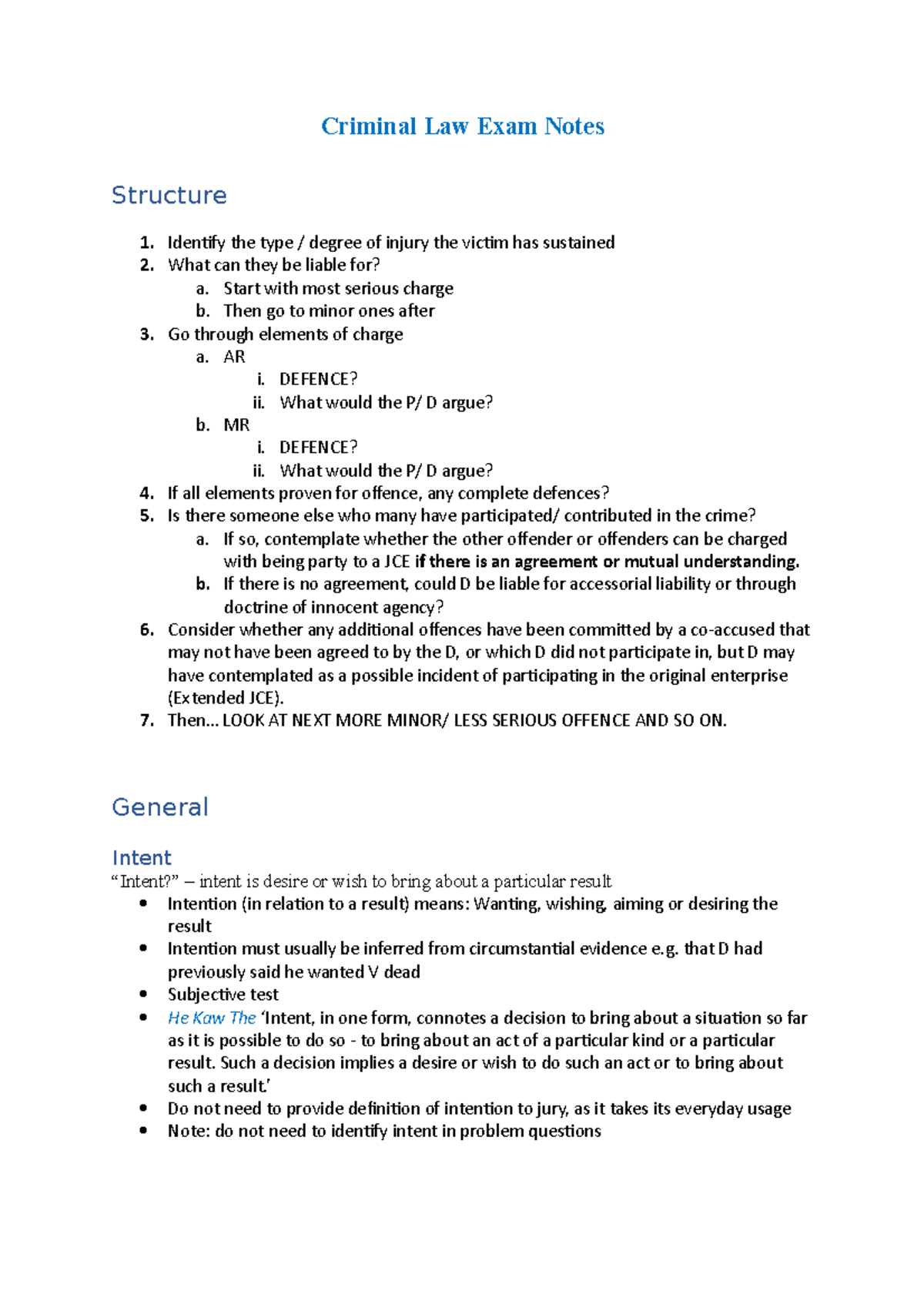 Crim Exam Notes Edited - Criminal Law Exam Notes Structure 1. Identify ...