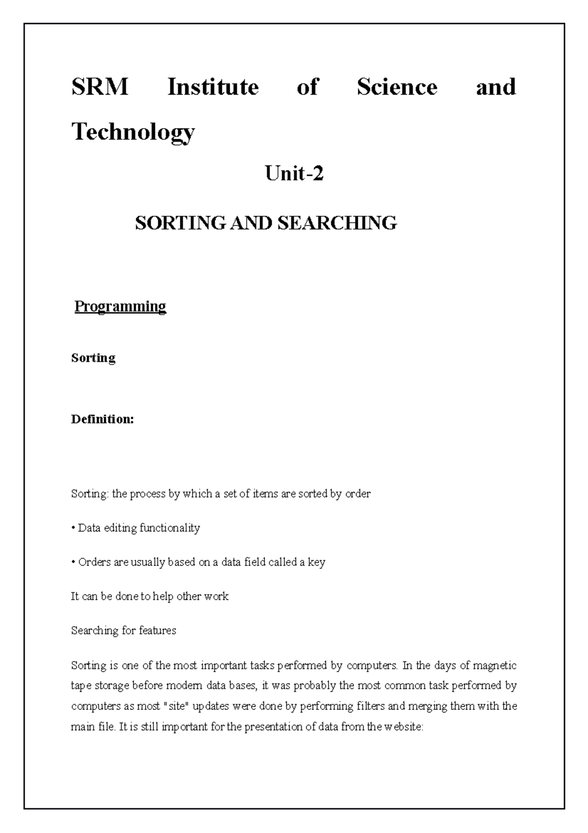 Sorting and Searching - Soniya - SRM Institute of Science and ...