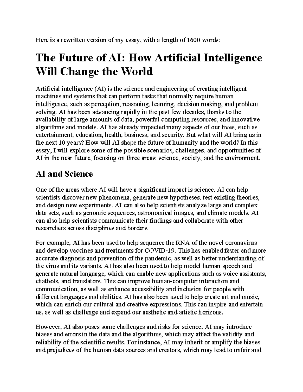 AI and its future - Here is a rewritten version of my essay, with a ...