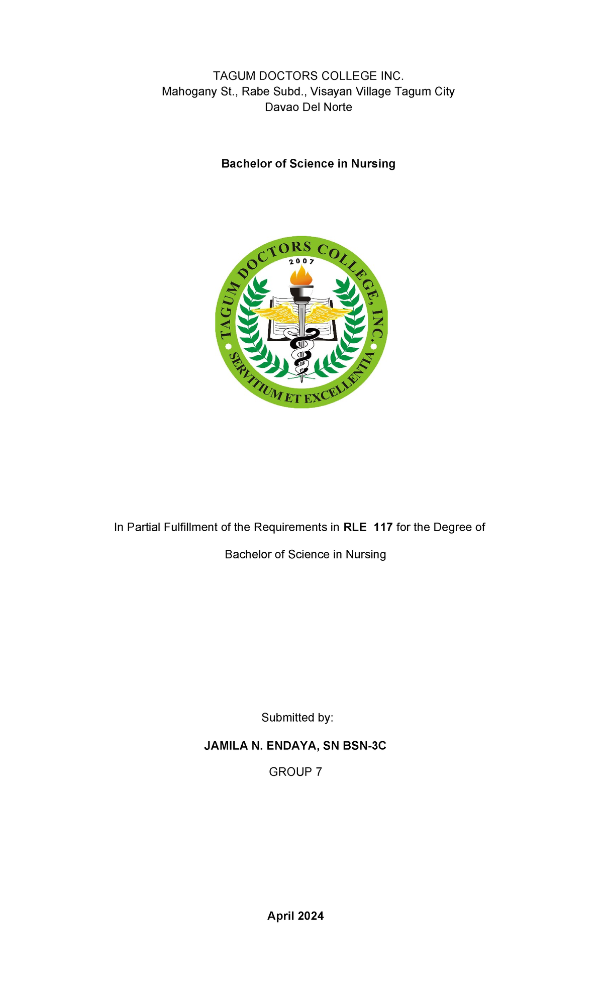Jamjam Cover PAGE - hehe - Bachelor of Science in Nursing - TAGUM ...