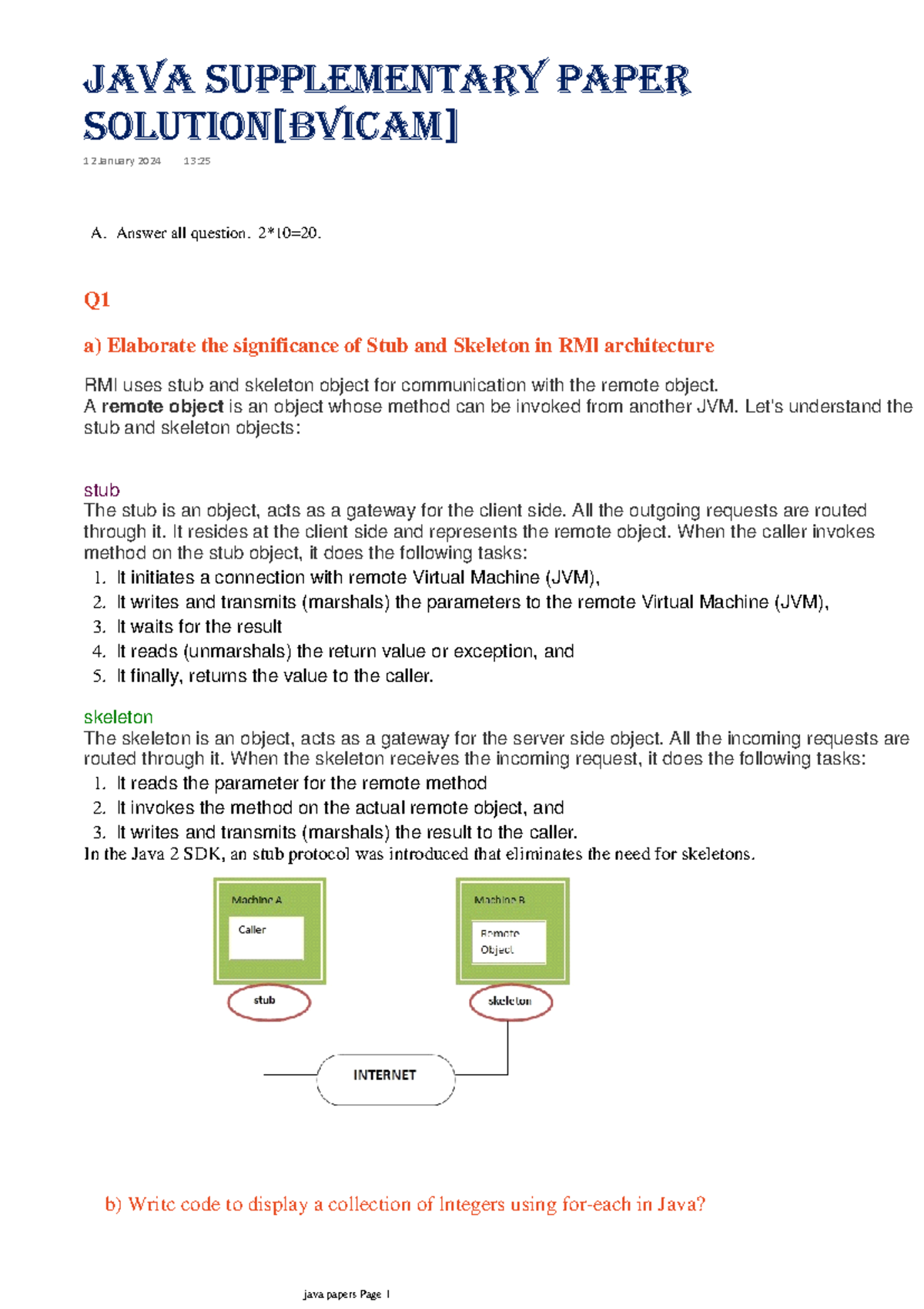 JAVA Sup Plementary paper Solution[ Bvicam] - Q a) Elaborate the significance of Stub and ...