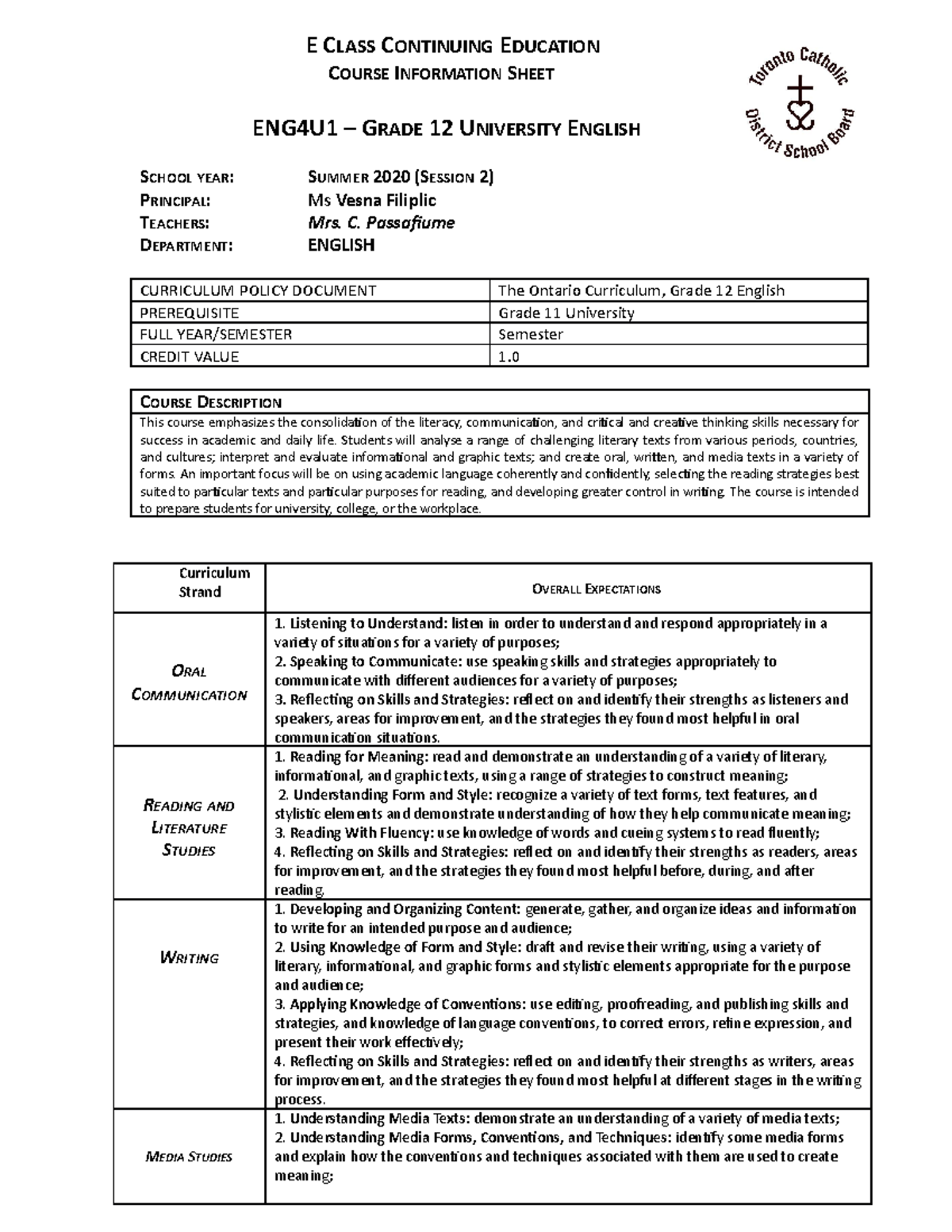 Course Syllabys 2020 Summer School ENG 4U1 - E CLASS CONTINUING ...