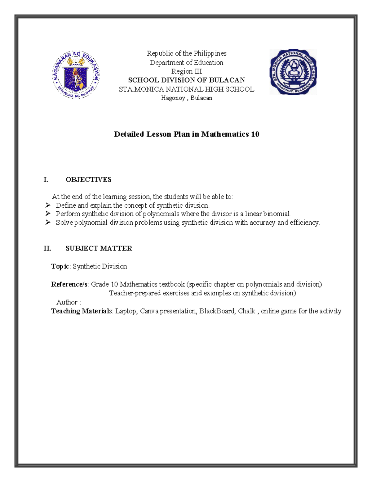 DLP MATH 10 - THIS IS EXAMPLE ONLY - Republic of the Philippines ...