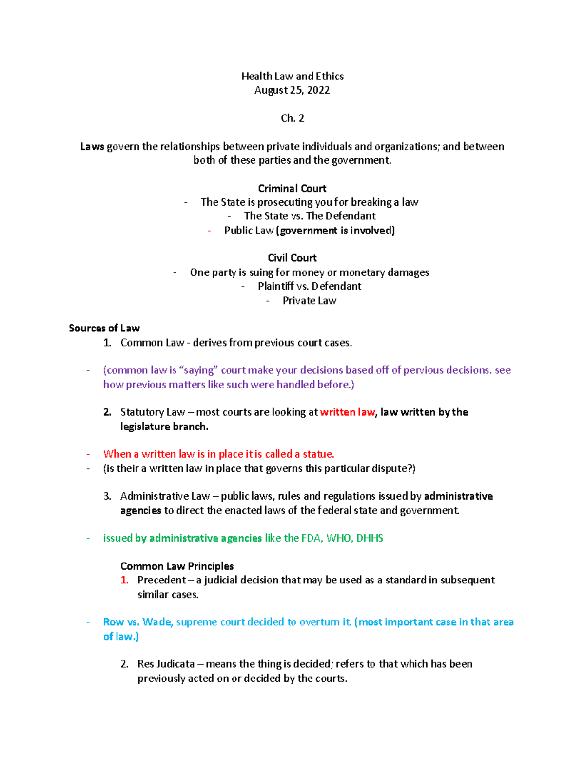 Ch. 2 Notes - Boykin - Health Law and Ethics August 25, 2022 Ch. 2 Laws ...