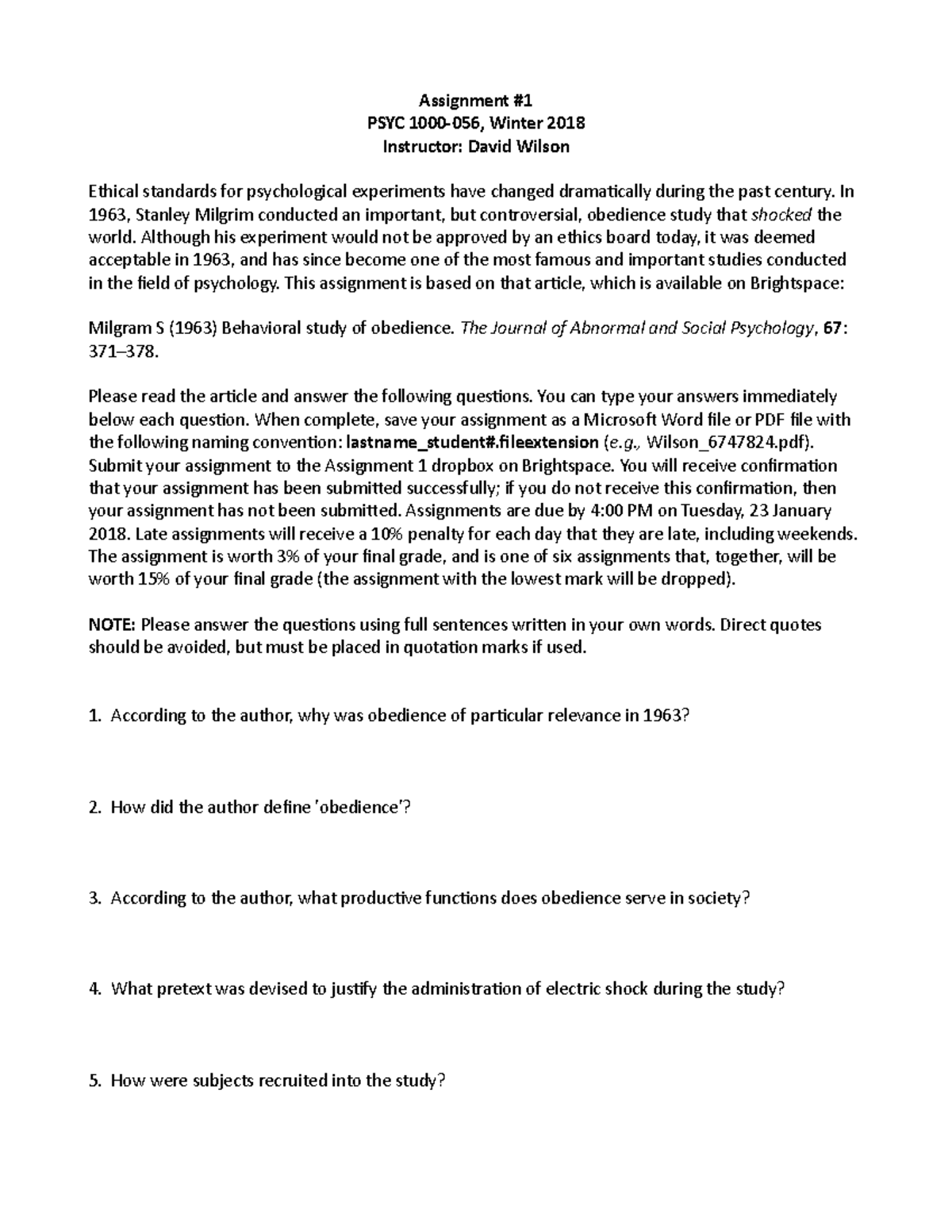 Assignment 1 - Psyc 1000 - Intro To Psychology - Memorial University ...