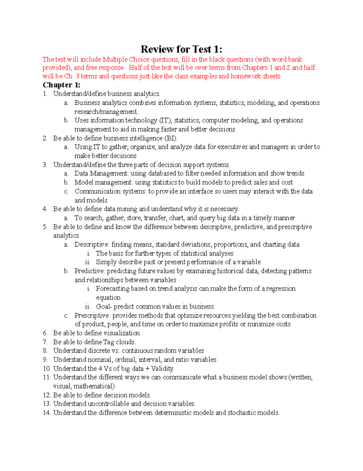 Review for Exam 1 - Review for Test 1: The test will include Multiple ...