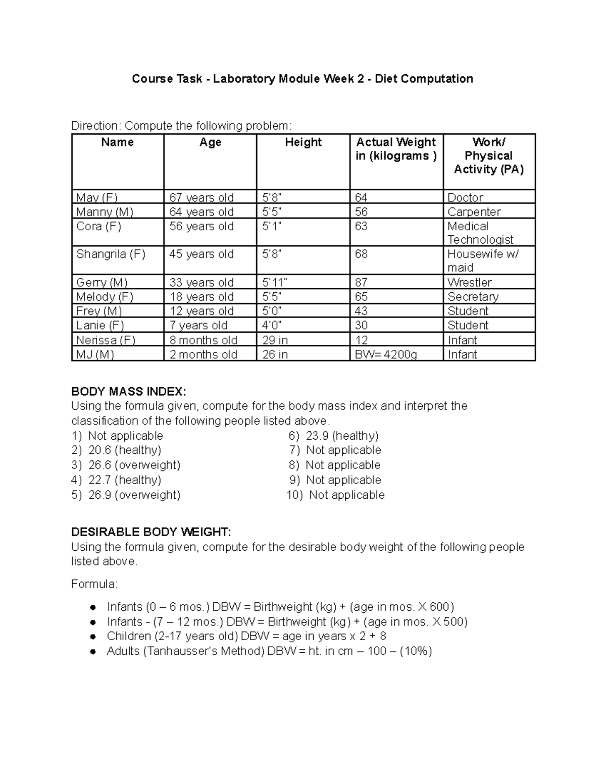 Course Task - Laboratory Module Week 2 - Diet Computation - Course Task ...