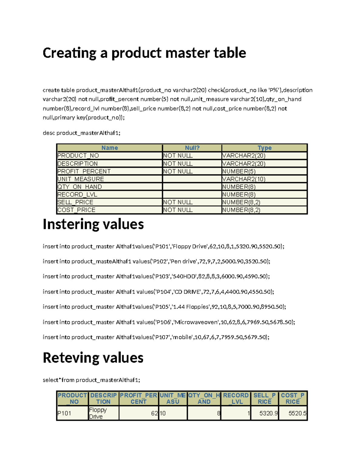 Product master althaf - database records - Creating a product master table create table - Studocu