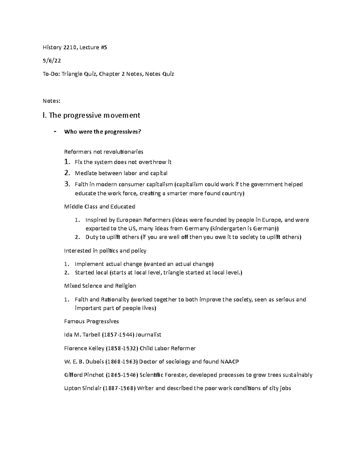 Lecture #5 - Notes from 5th Class - History 2210, Lecture # 9/6/ To-Do ...