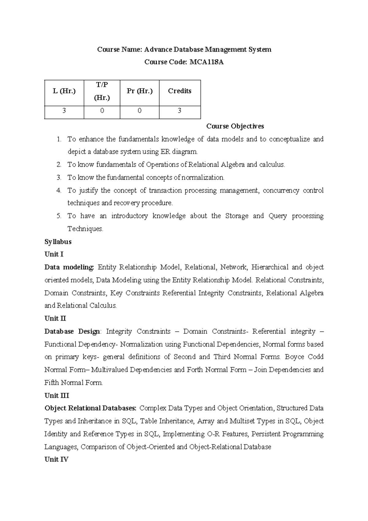 Sylabus(Theory + Lab) - adssssssssssss - Course Name: Advance Database ...