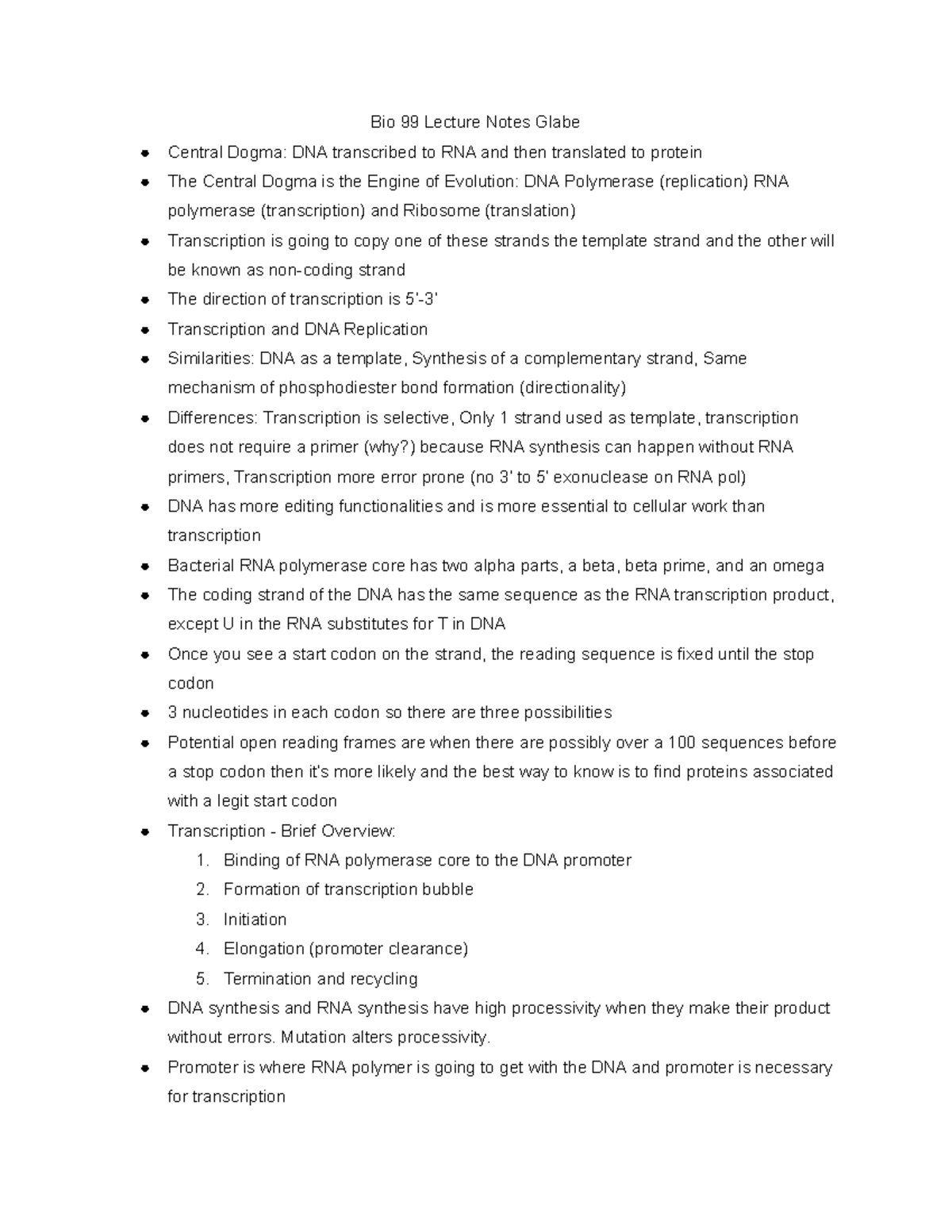 Bio 99 Lecture Notes Glabe - Bio 99 Lecture Notes Glabe Central Dogma ...