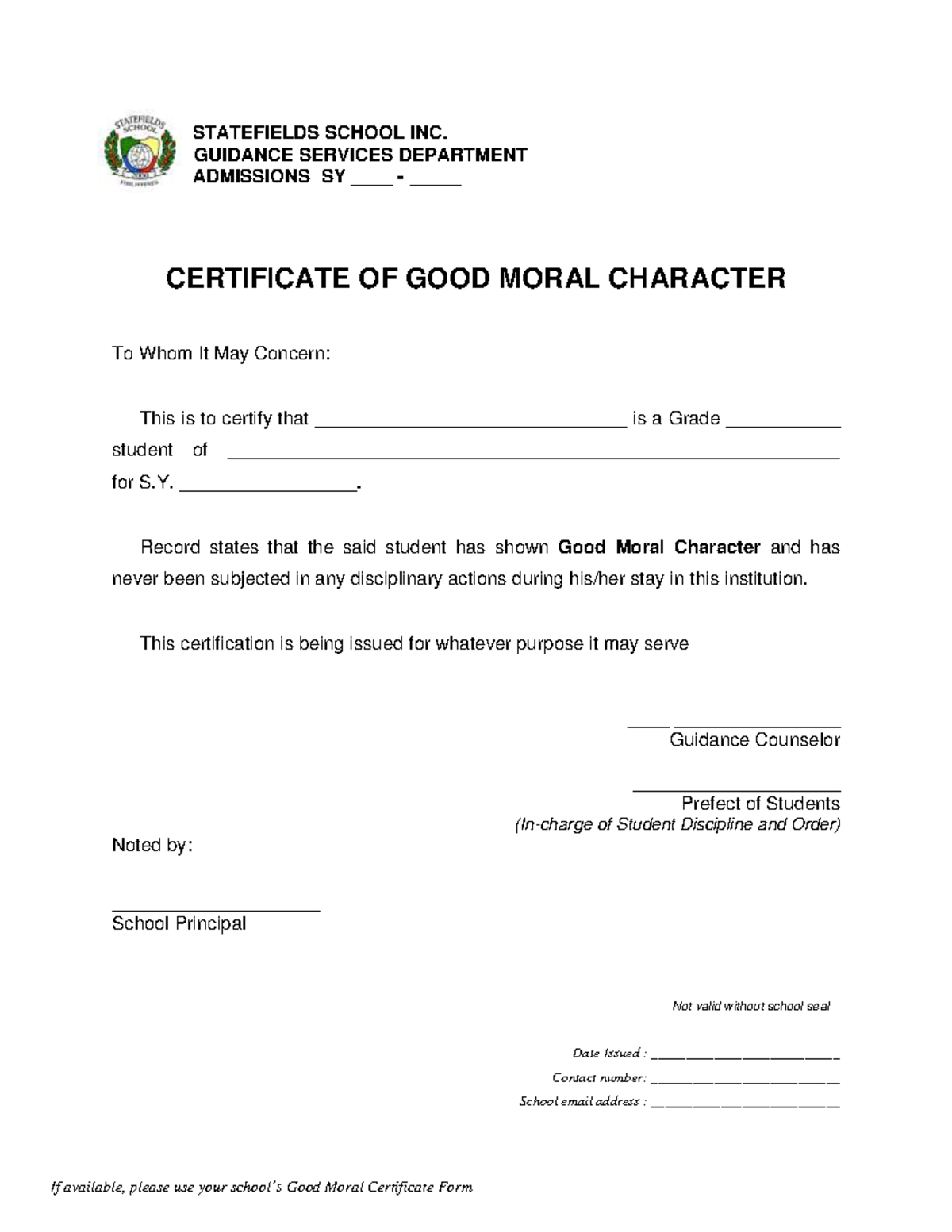 Af-3 good moral certificate form - STATEFIELDS SCHOOL INC. GUIDANCE ...