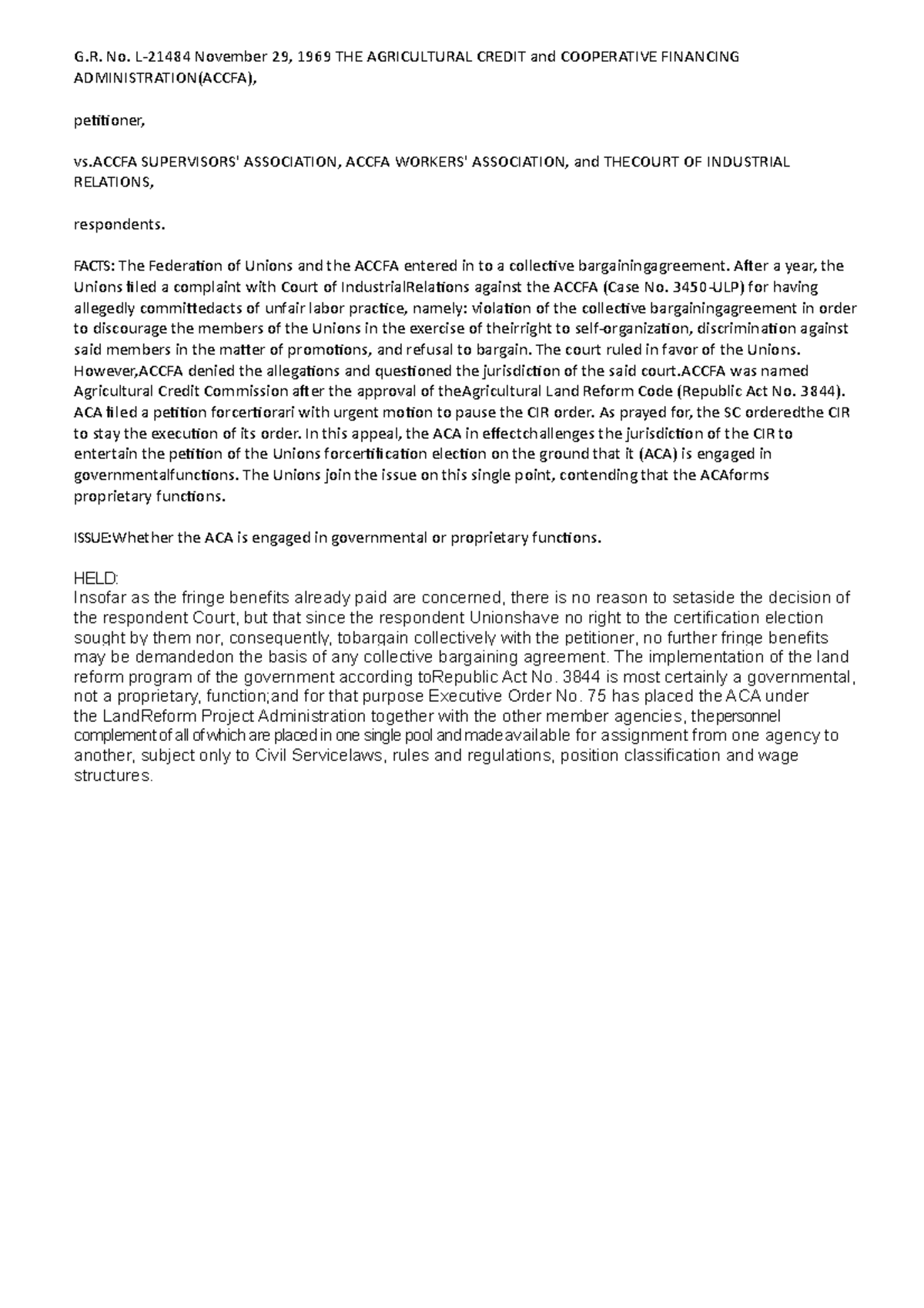 Accfa VS Labor Unions - G. No. L-21484 November 29, 1969 THE ...