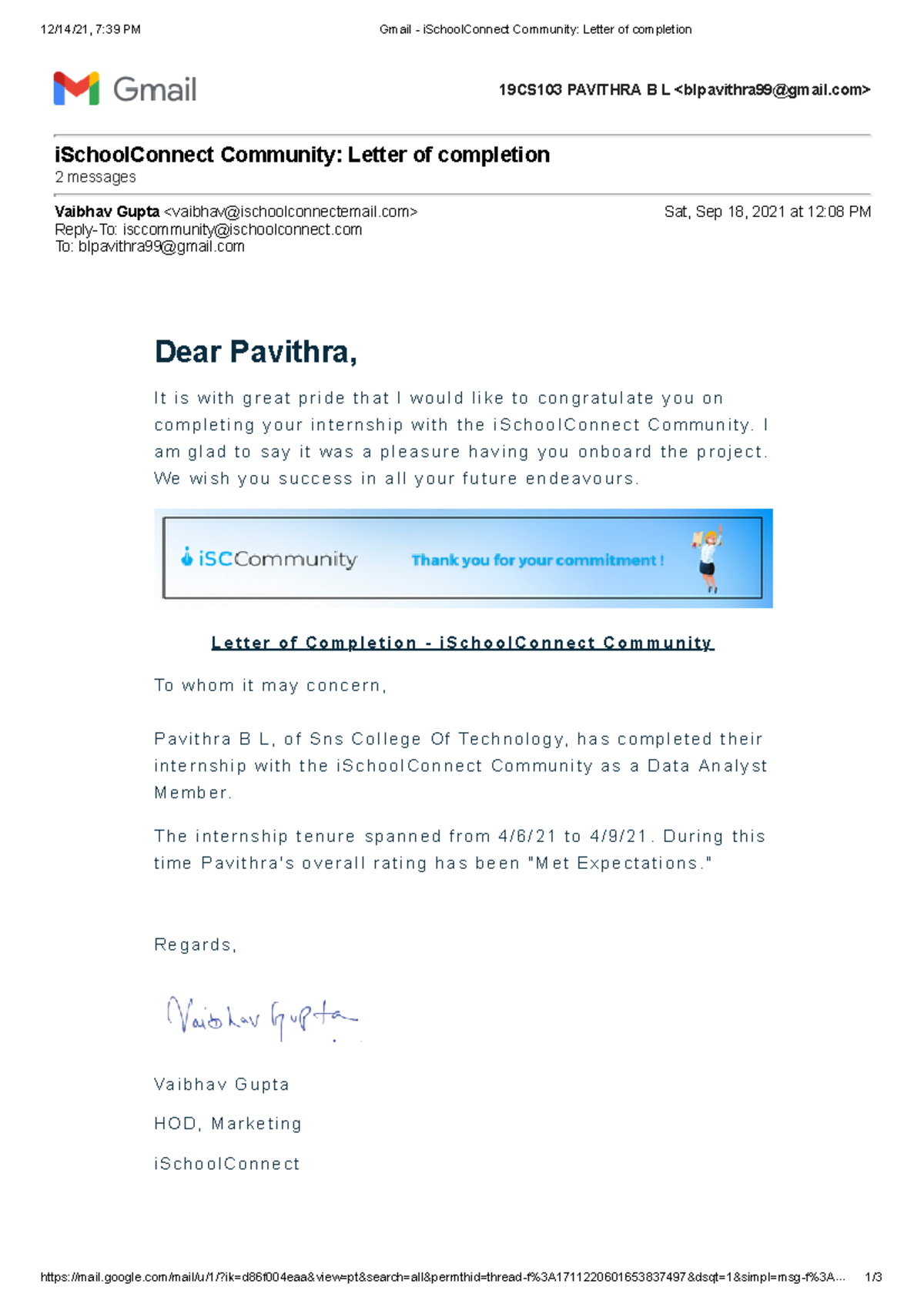 Gmail - i School Connect Community Letter of completion - - Studocu