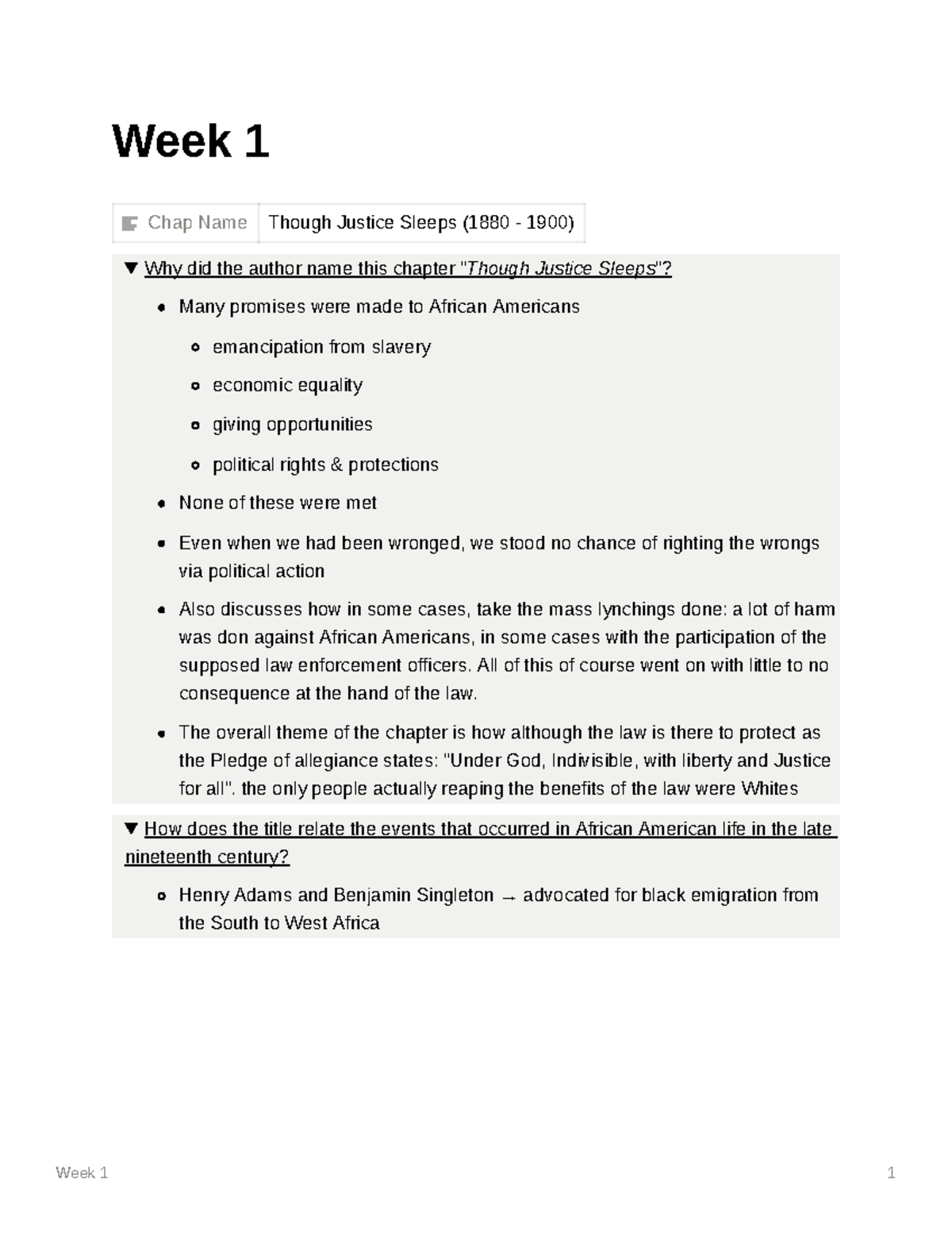 Week 1 - African American History Notes - Week 1 1 Week 1 Chap Name ...