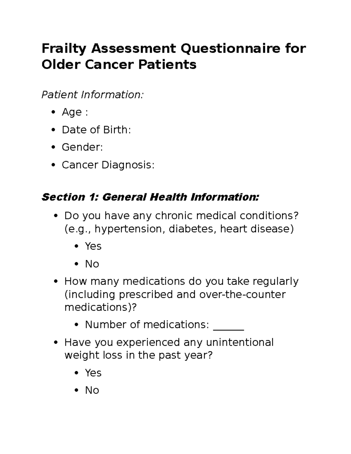 Frailty Assessment Questionnaire for Older Cancer Patients - Frailty ...