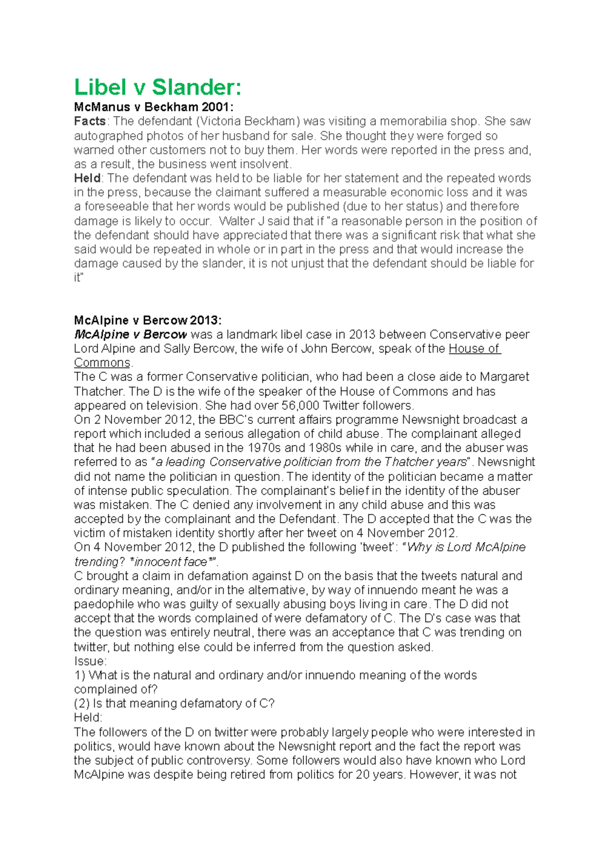 Libel v Slander - These lecture notes provide in depth detail about ...