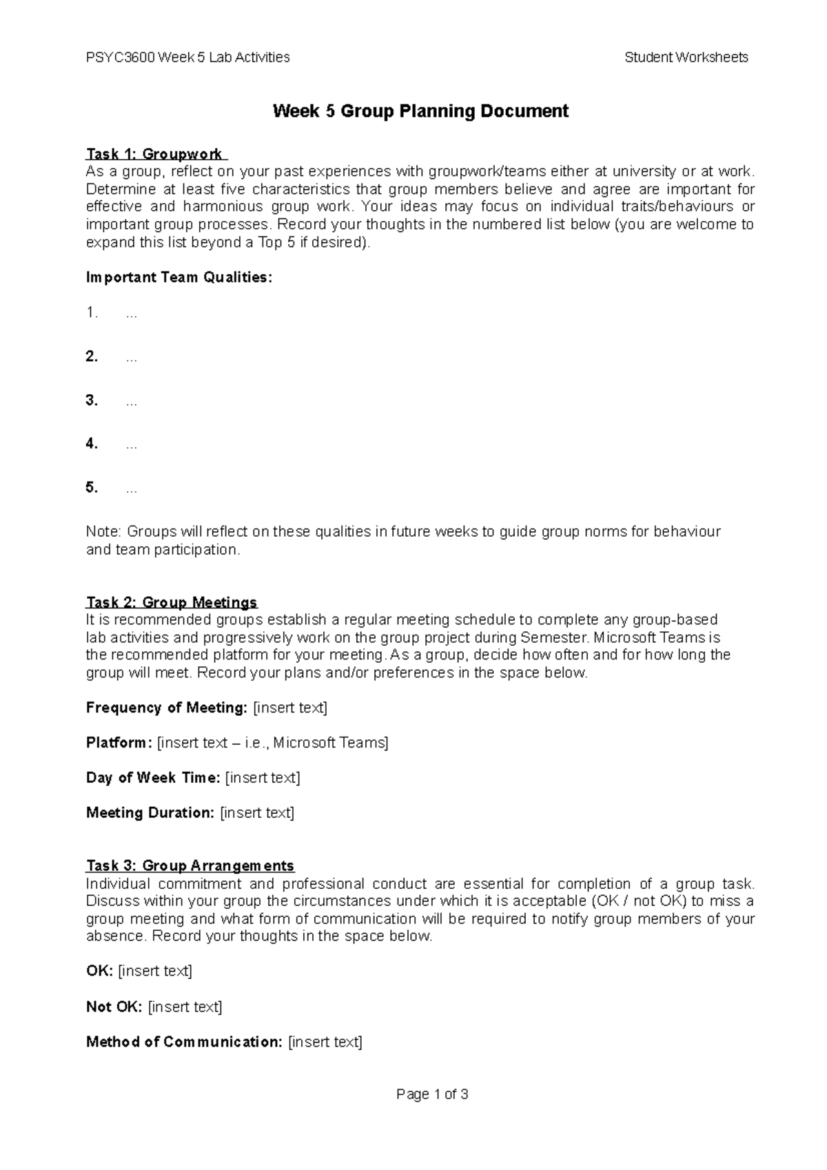 Week 5 Group Planning Document for Assignment - PSYC3600 Week 5 Lab ...