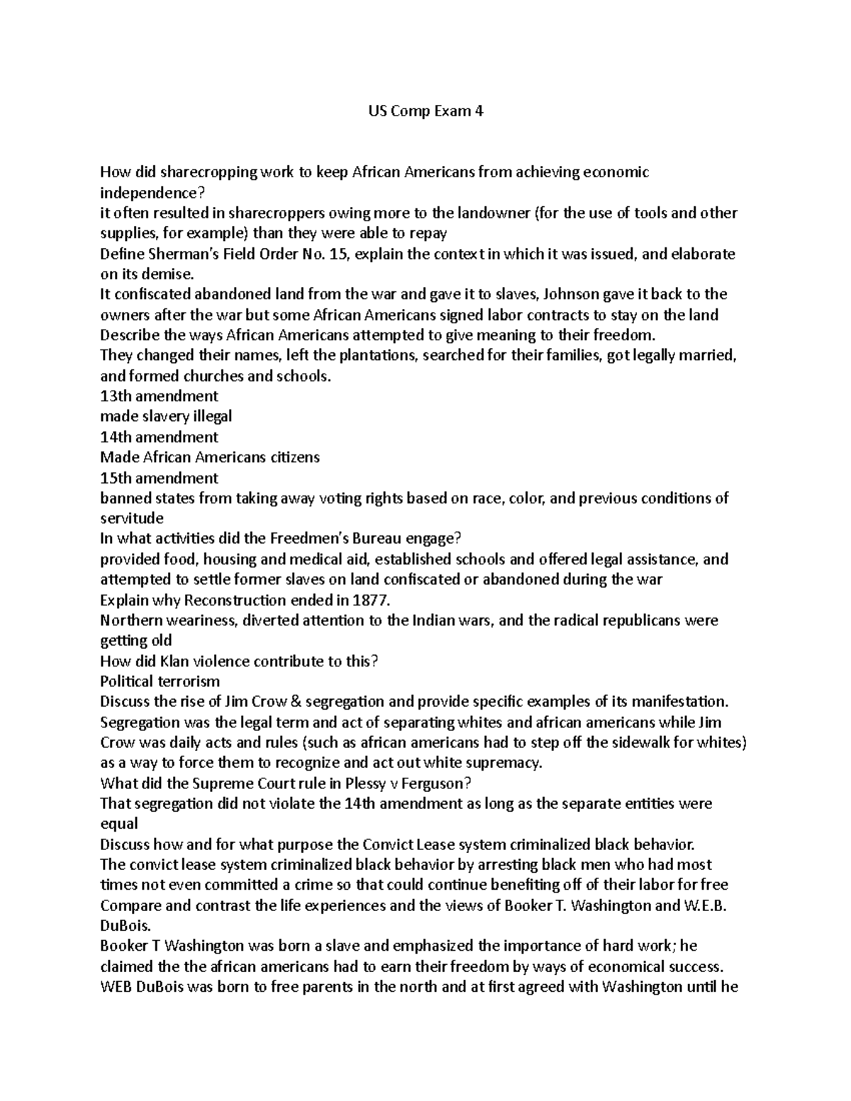 US Comp Exam 4 - Study guide and top hat questions for exam 4 - US Comp ...