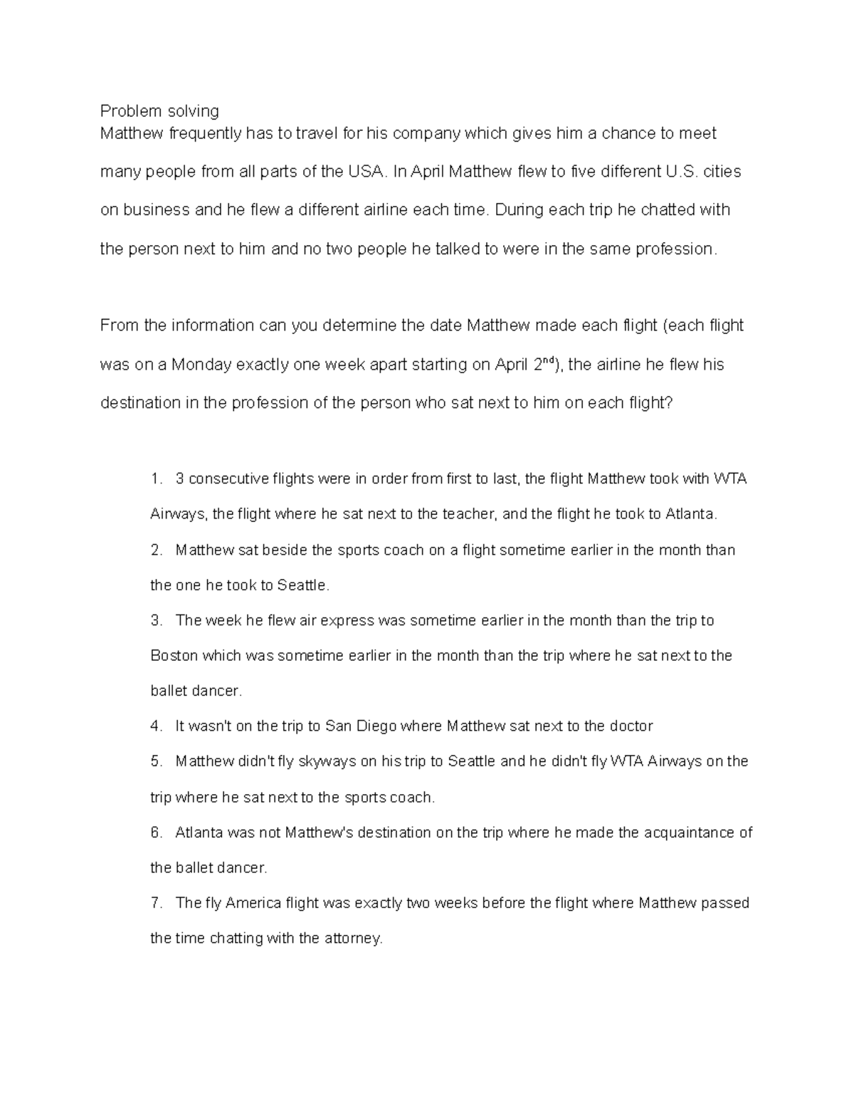 Airplane - activity - Problem solving Matthew frequently has to travel ...