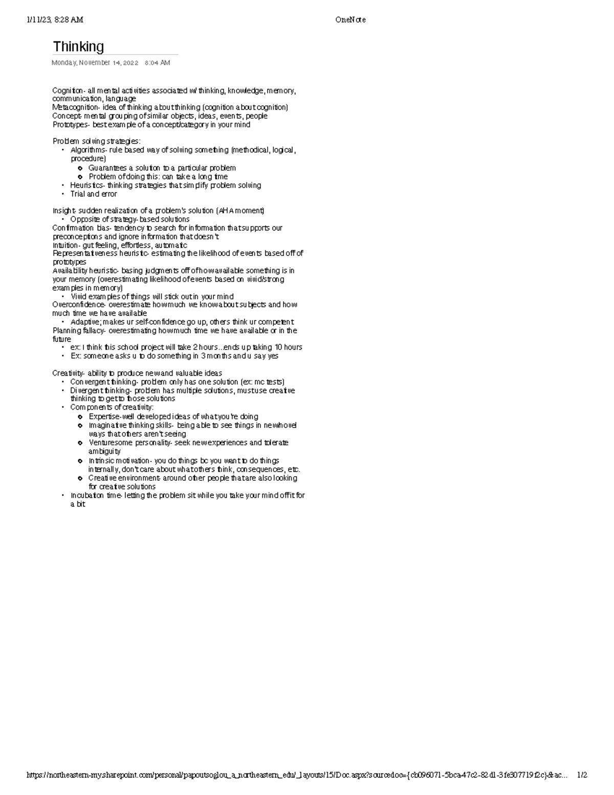 Thinking Lecture Notes From Fall 2022 Of Dr Bradley S Foundations Of Psychology Class 1 11
