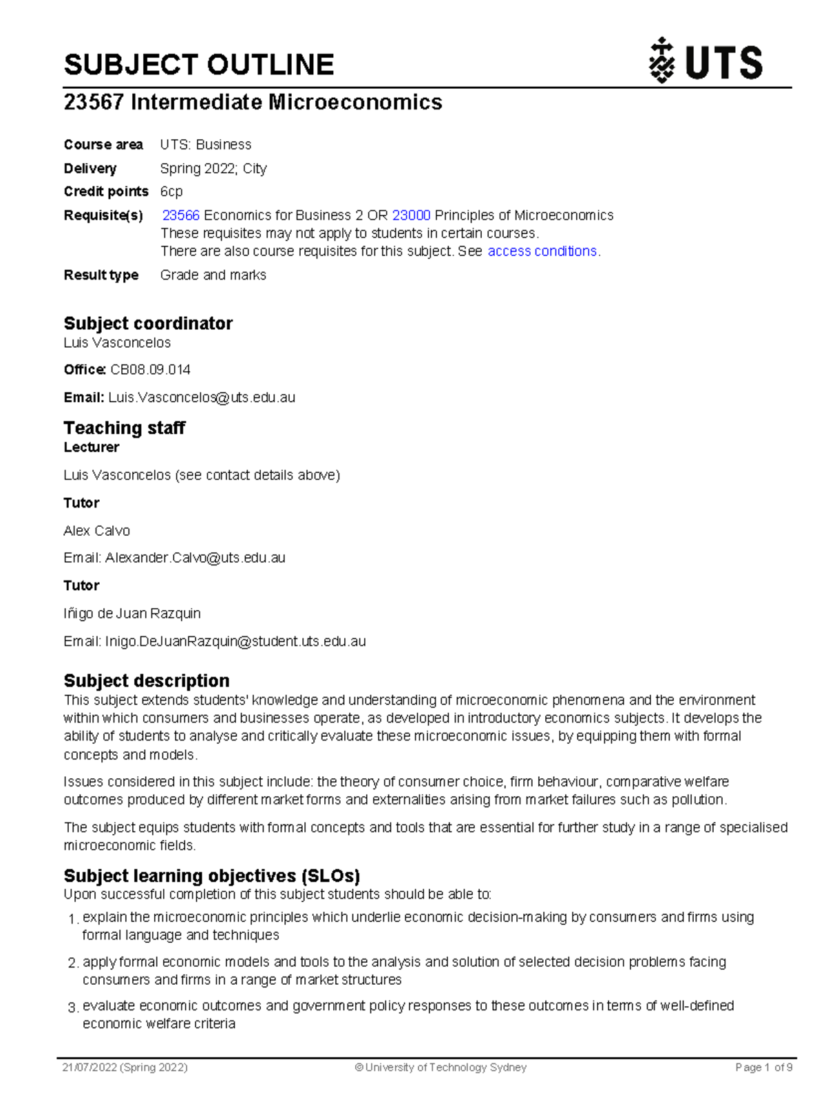 Micro outline - SUBJECT OUTLINE 23567 Intermediate Microeconomics ...