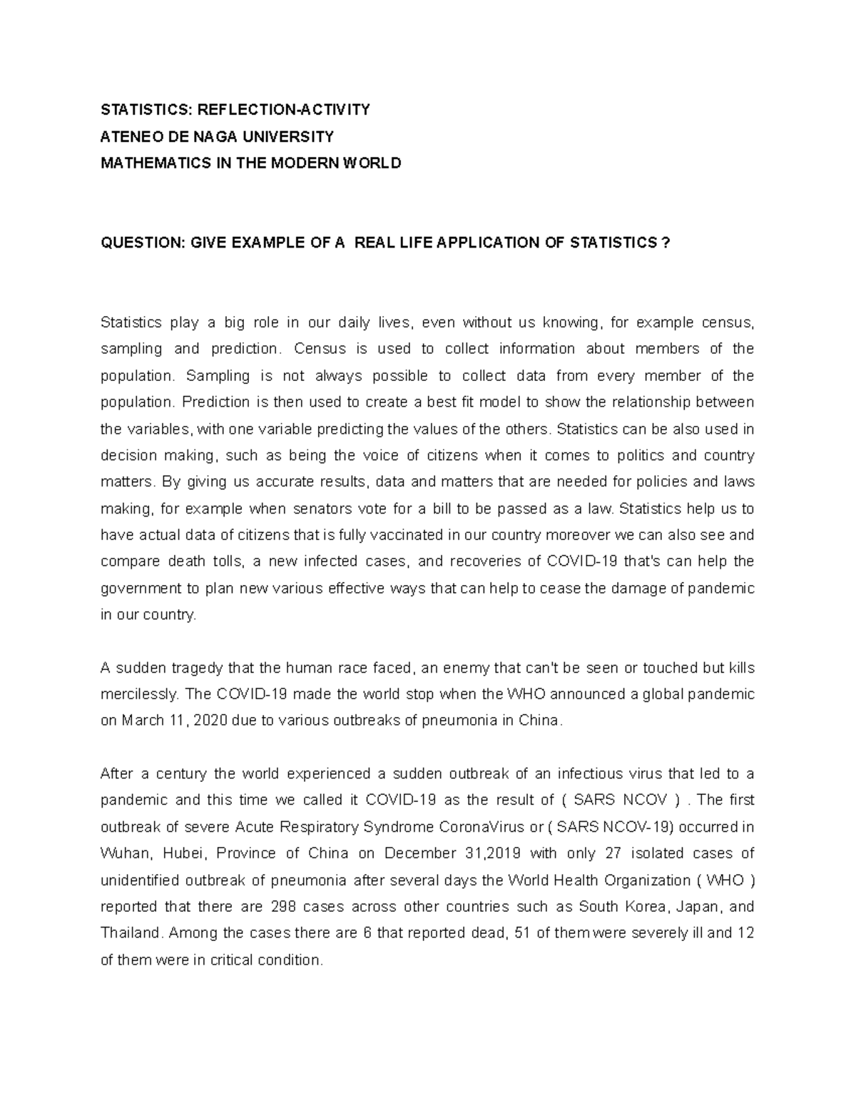 Reflection #2 in Statistics for MATH in Modern World - STATISTICS ...