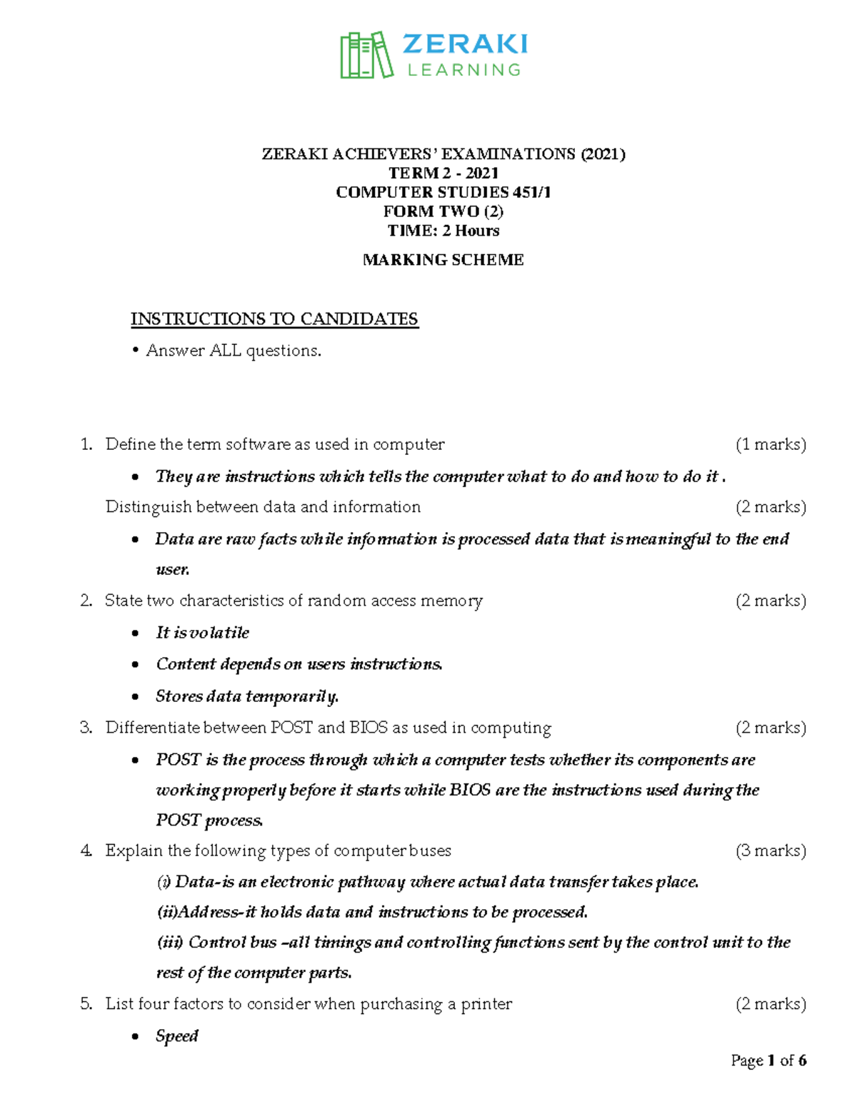 Computer Studies Form 2 Paper 1 - Zeraki Achievers 4.0 - Marking scheme ...