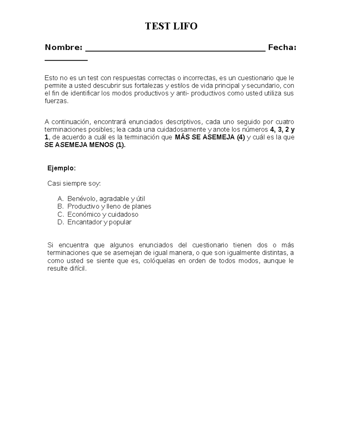 Test Lifo - TEST PSICOMETRICO - Nombre ...