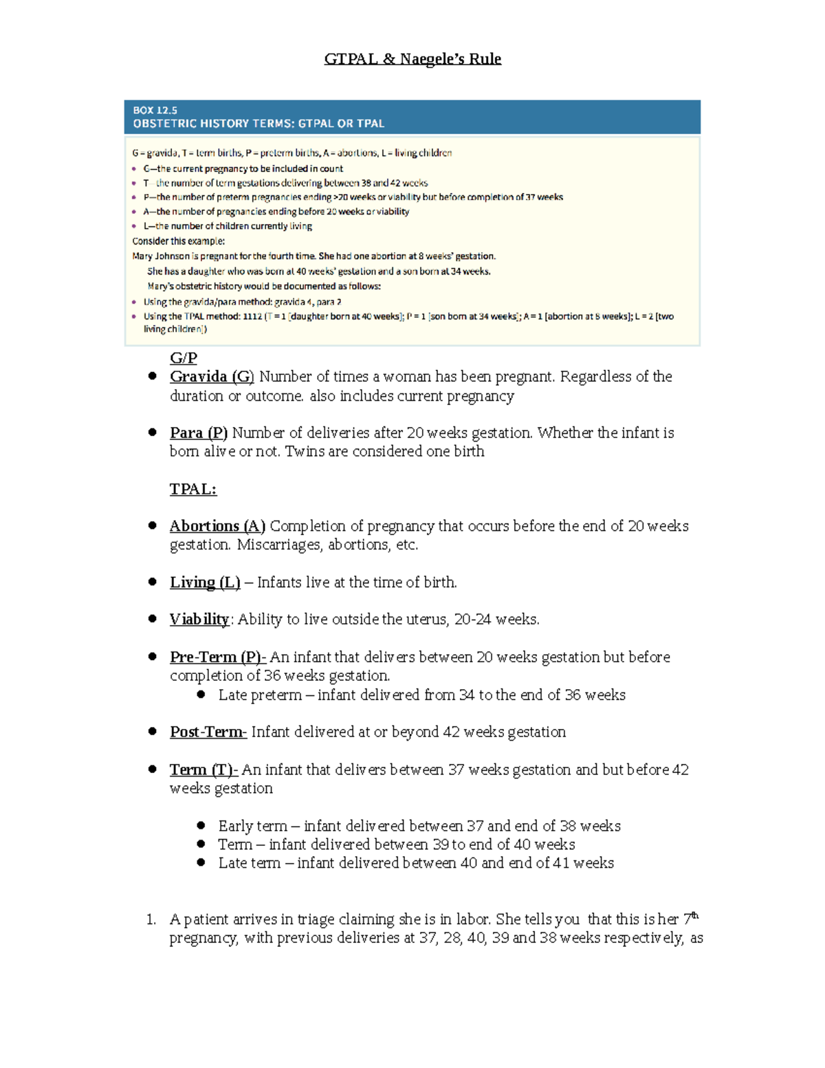 Gtpalnaegeles - Worksheet that covers GTPAL and Naegele's Rule from ...