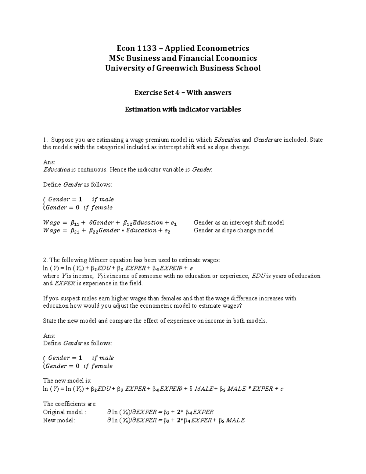 Exercises for L4 with answers - Econ 1133 – Applied Econometrics MSc Business and Financial ...